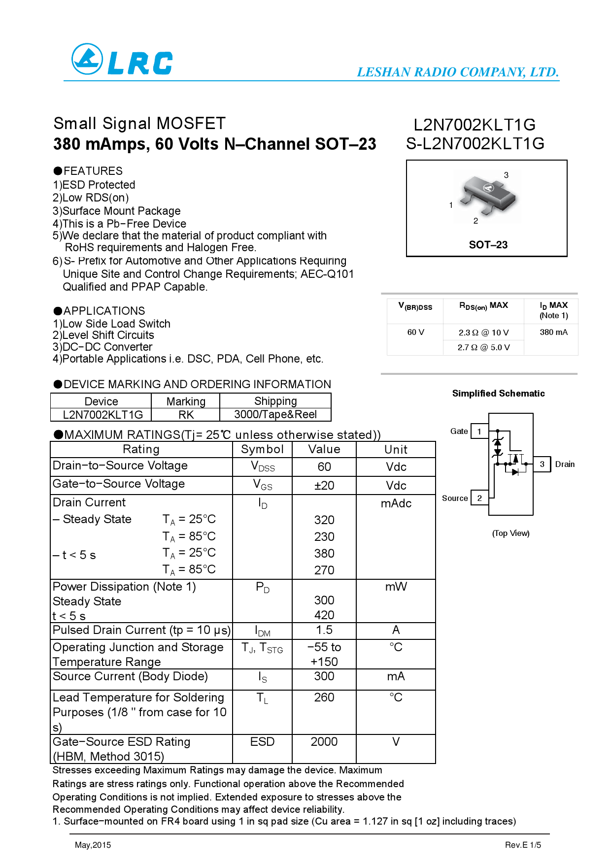 L2N7002KLT1G_（LRC(乐山无线电)）L2N7002KLT1G中文资料_价格_PDF手册-立创电子商城