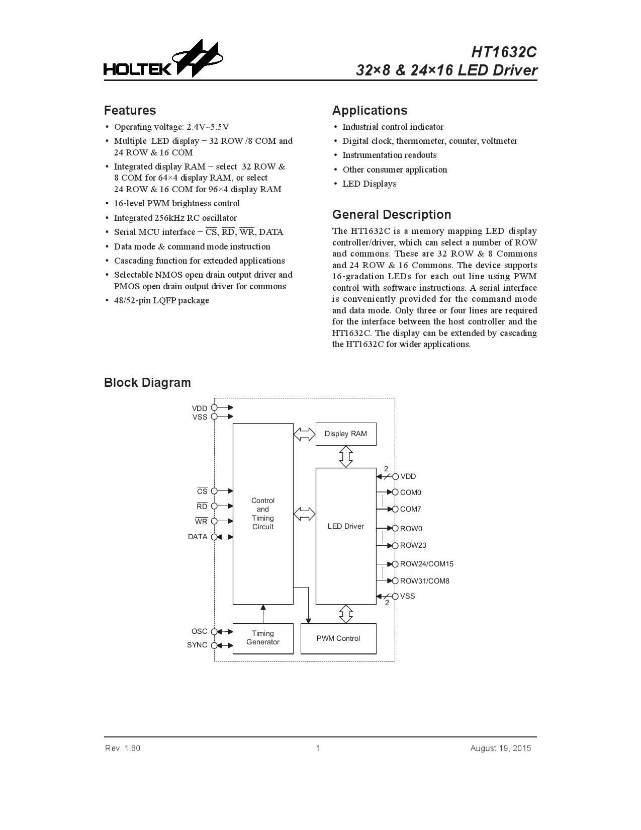 HT1632C_（HOLTEK(合泰/盛群)）HT1632C中文资料_价格_PDF手册-立创电子商城