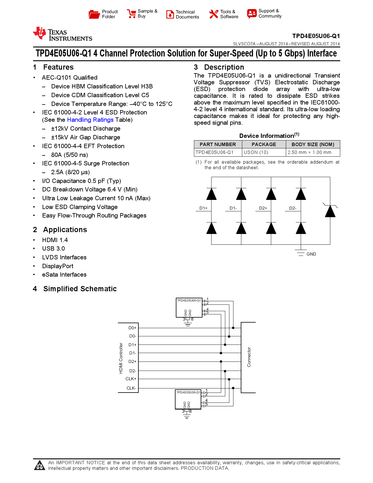 TPD4E05U06QDQARQ1_（TI(德州仪器)）TPD4E05U06QDQARQ1中文资料_价格_PDF手册-立创电子商城