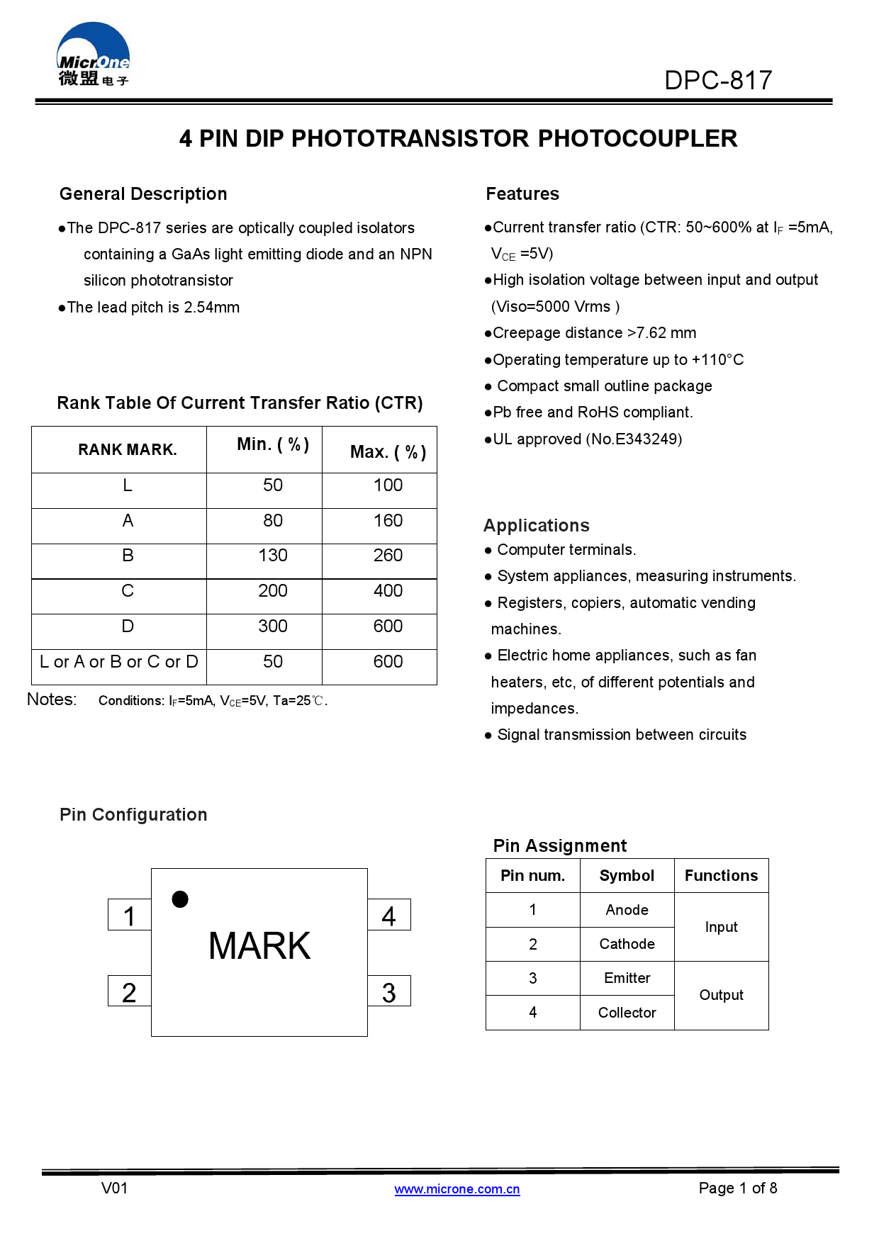 DPC-817C_（MICRONE(南京微盟)）DPC-817C中文资料_价格_PDF手册-立创电子商城