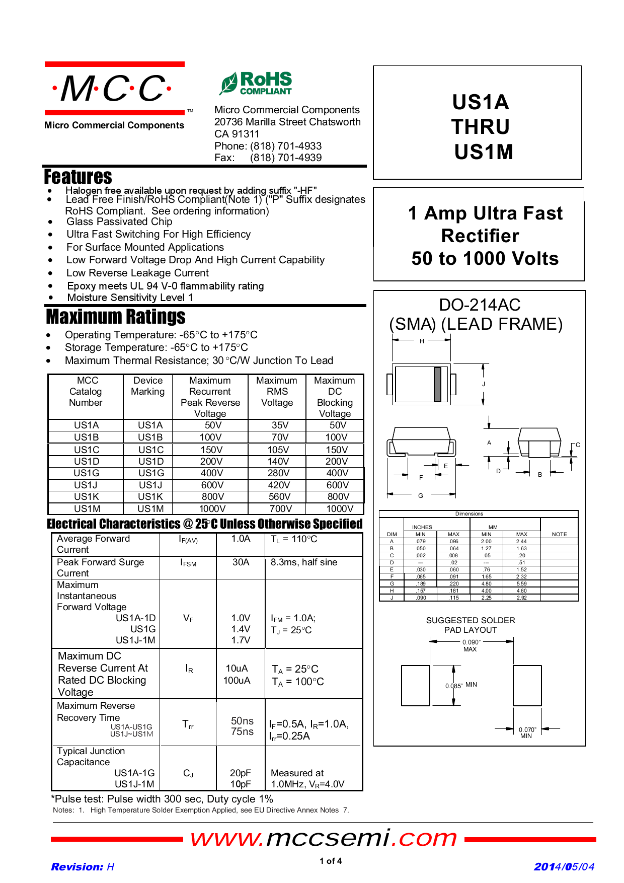 US1M-TP_（MCC(美微科)）US1M-TP中文资料_价格_PDF手册-立创电子商城