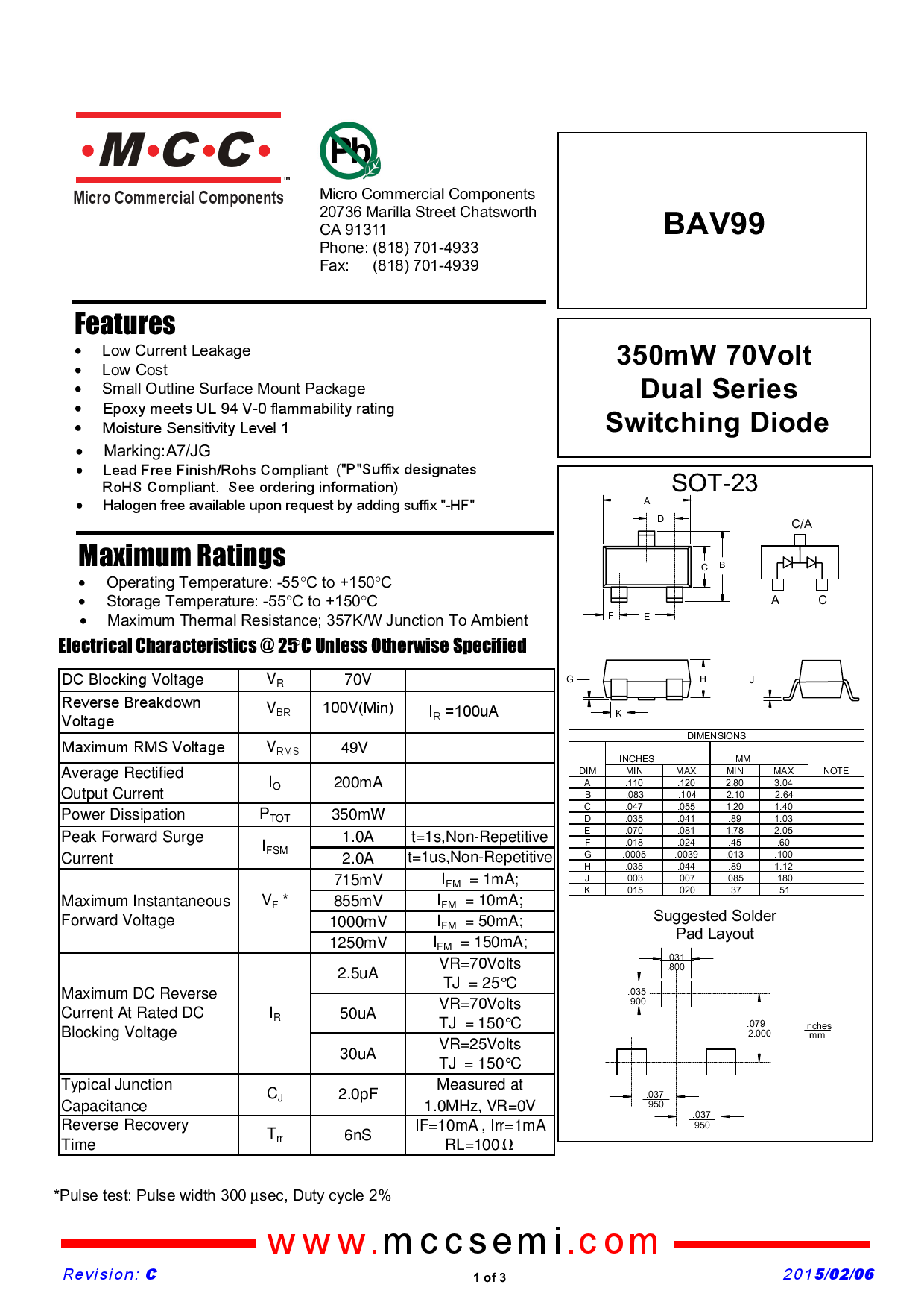 BAV99-TP_（MCC(美微科)）BAV99-TP中文资料_价格_PDF手册-立创电子商城