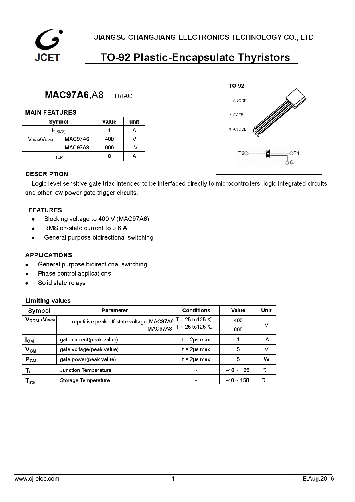 MAC97A8_（CJ(江苏长电/长晶)）MAC97A8中文资料_价格_PDF手册-立创电子商城
