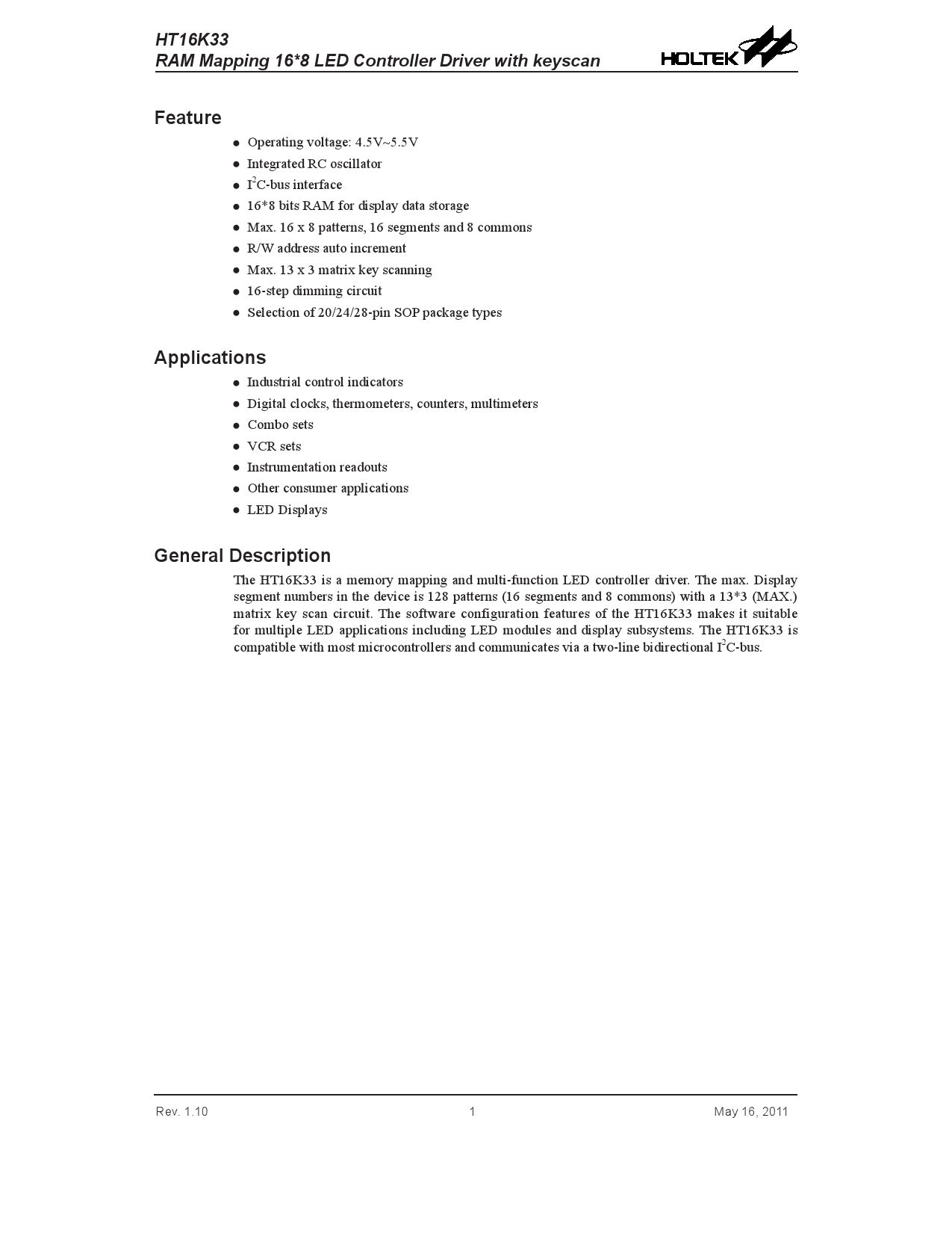 HT16K33_（HOLTEK(合泰/盛群)）HT16K33中文资料_价格_PDF手册-立创电子商城