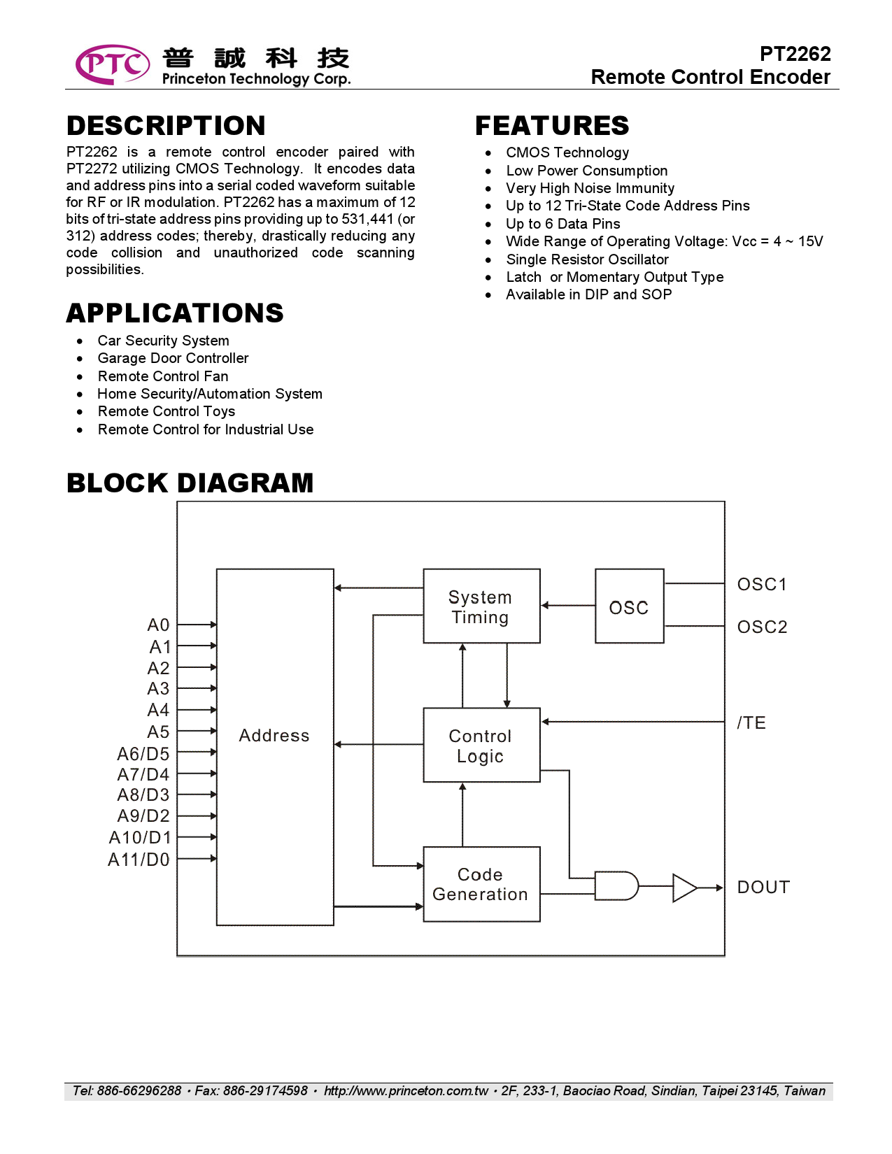 PT2262-S_（PTC(台湾普诚)）PT2262-S中文资料_价格_PDF手册-立创电子商城