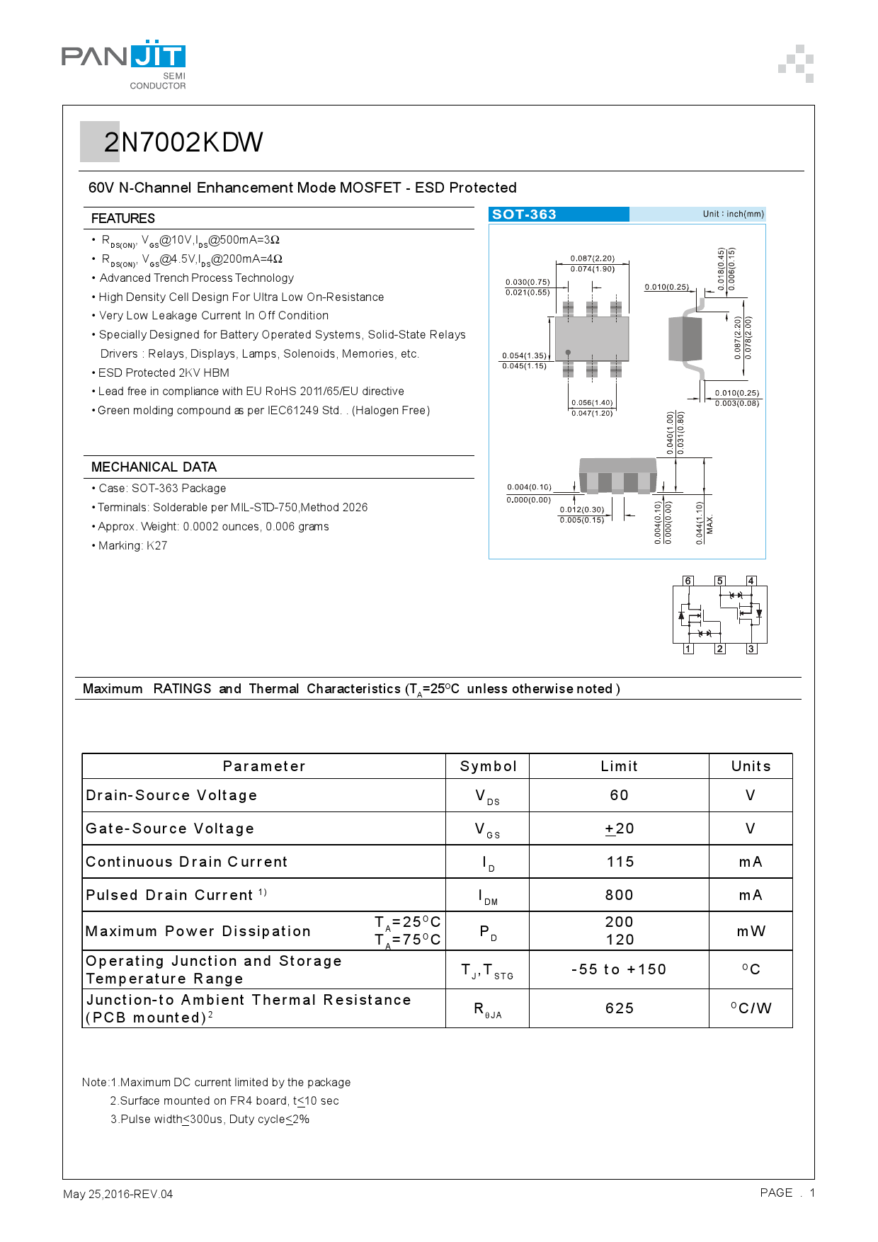2N7002KDW_（PANJIT(强茂)）2N7002KDW中文资料_价格_PDF手册-立创电子商城