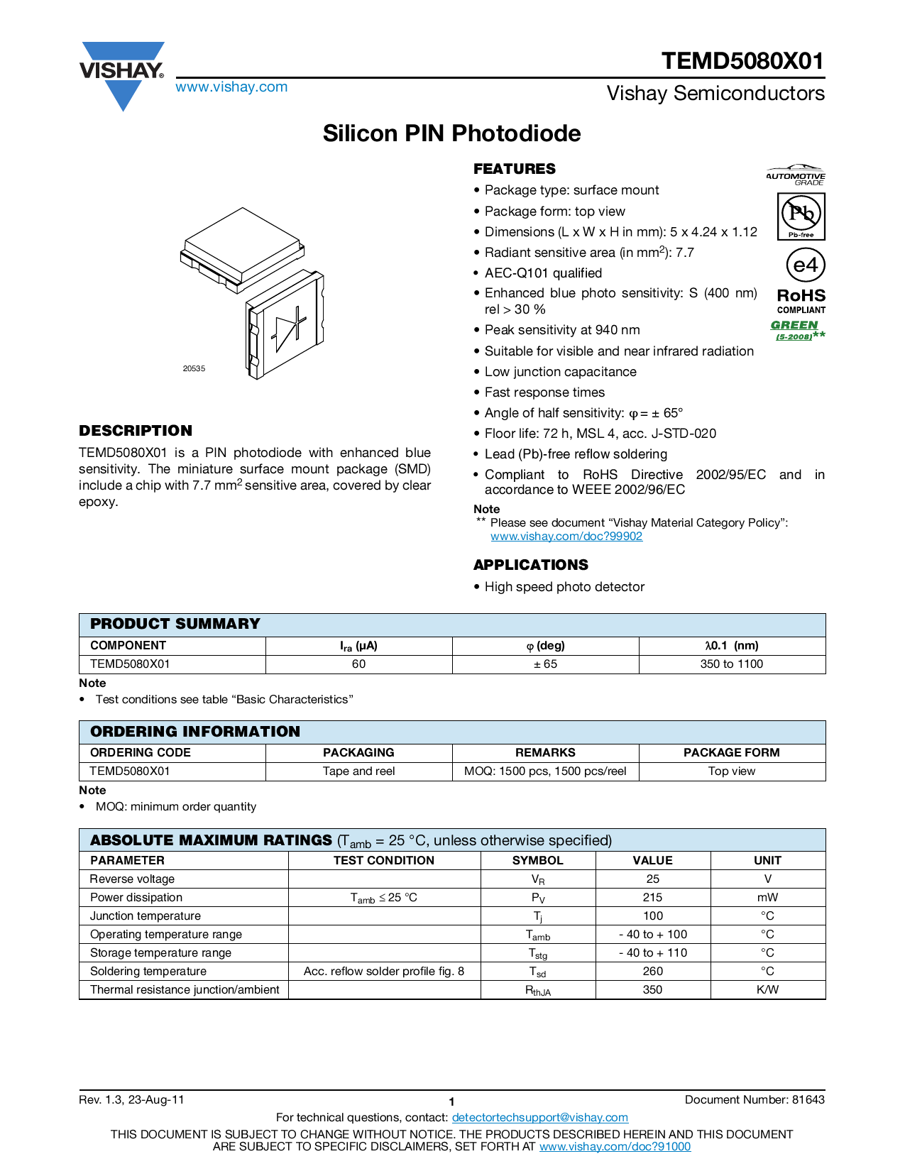 TEMD5080X01_（VISHAY(威世)）TEMD5080X01中文资料_价格_PDF手册-立创电子商城