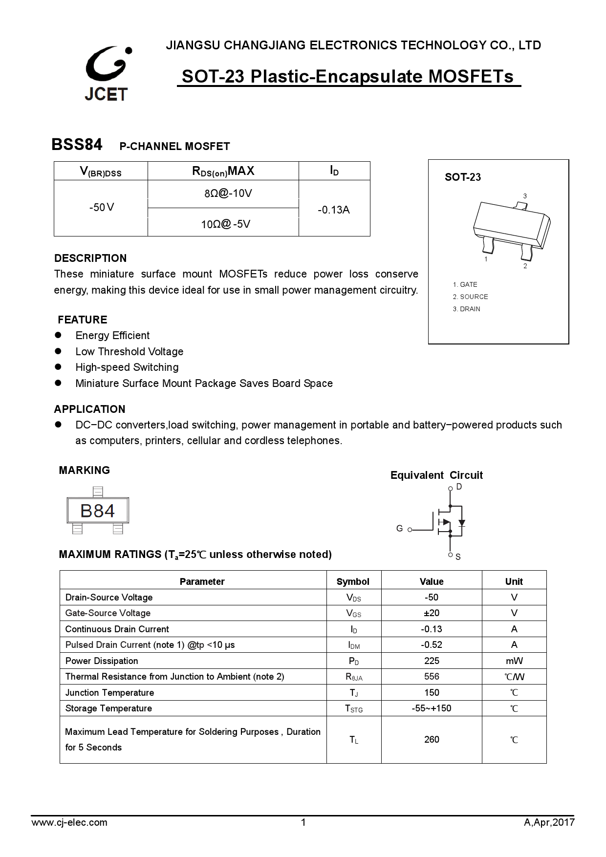 BSS84_（CJ(江苏长电/长晶)）BSS84中文资料_价格_PDF手册-立创电子商城