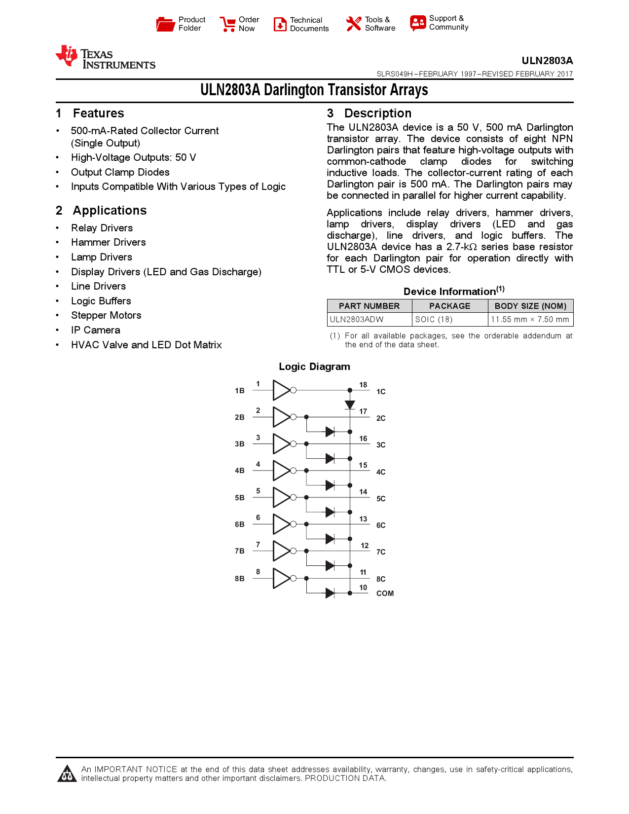 ULN2803ADWR_（TI(德州仪器)）ULN2803ADWR中文资料_价格_PDF手册-立创电子商城