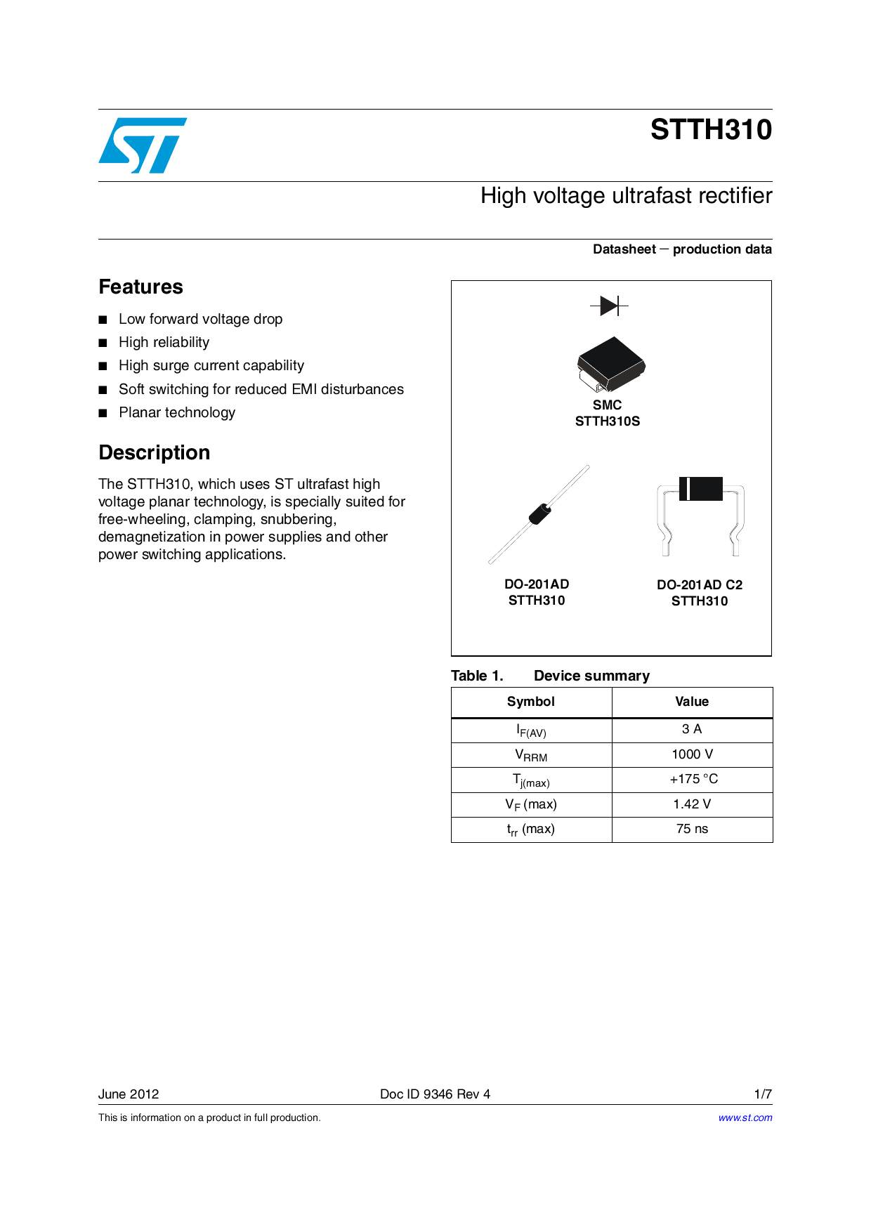STTH310_（ST(意法半导体)）STTH310中文资料_价格_PDF手册-立创电子商城