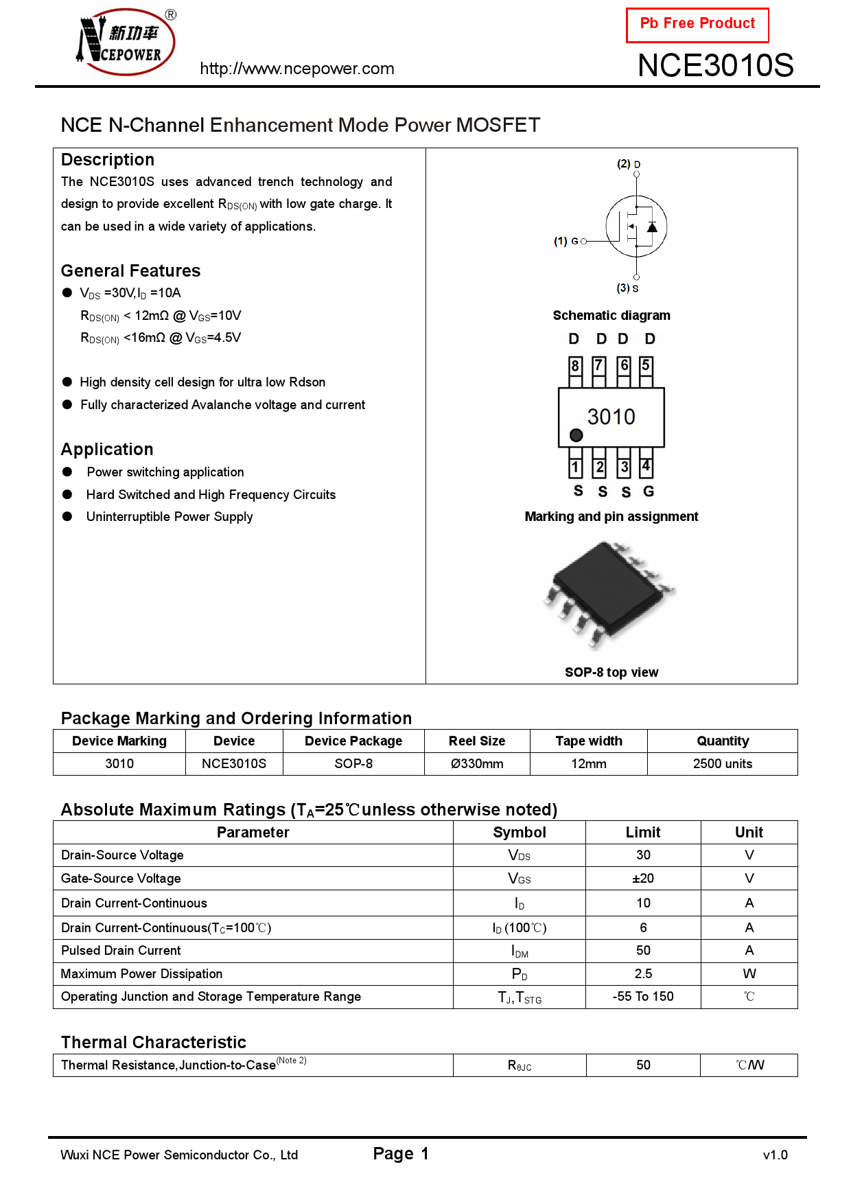 NCE3010S_（NCE(无锡新洁能)）NCE3010S中文资料_价格_PDF手册-立创电子商城