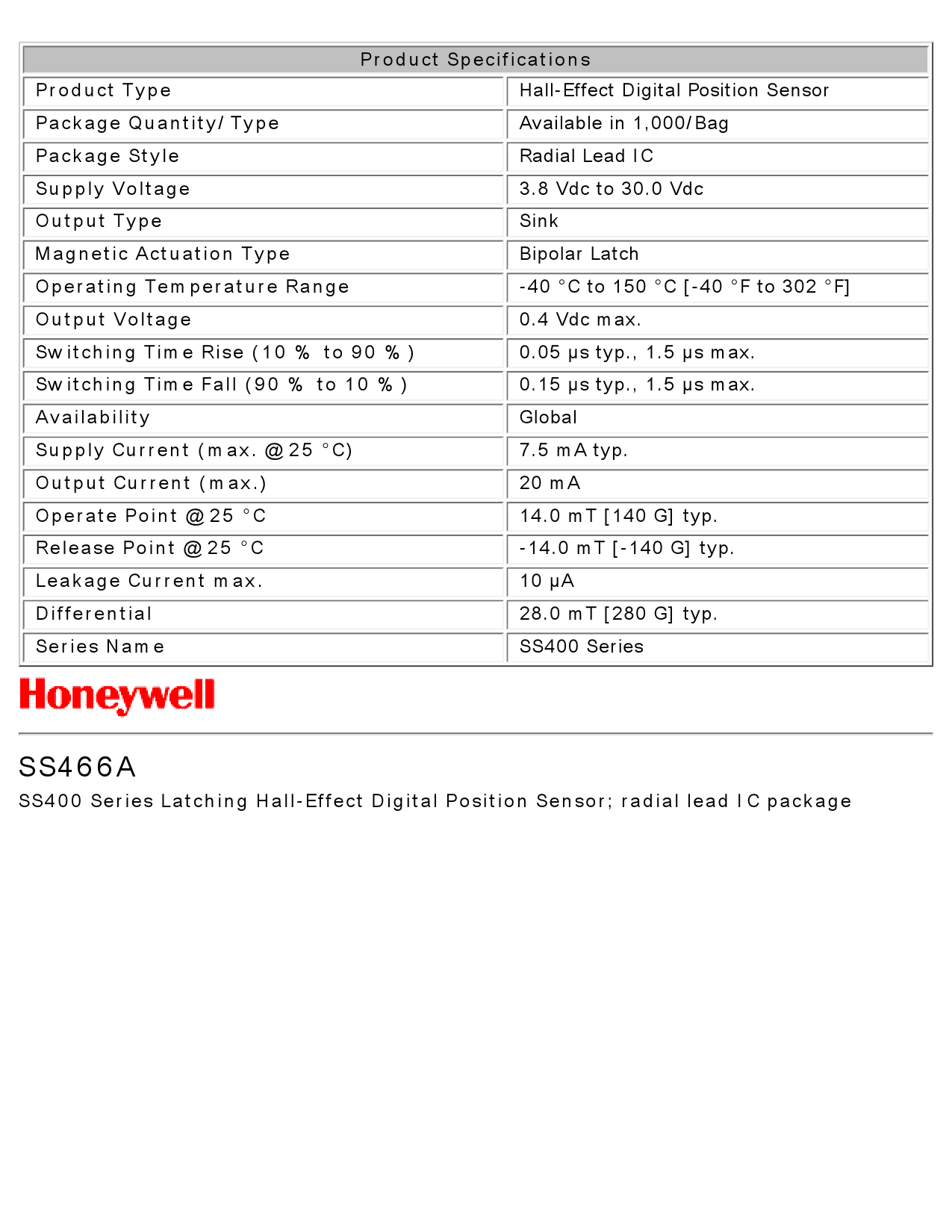 SS466A_（Honeywell(霍尼韦尔)）SS466A中文资料_价格_PDF手册-立创电子商城