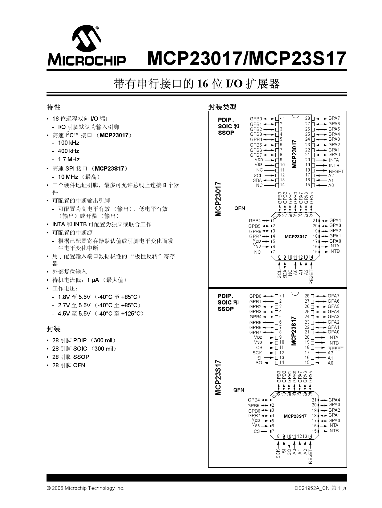 MCP23S17T-E/SS_（MICROCHIP(美国微芯)）MCP23S17T-E/SS中文资料_价格_PDF手册-立创电子商城