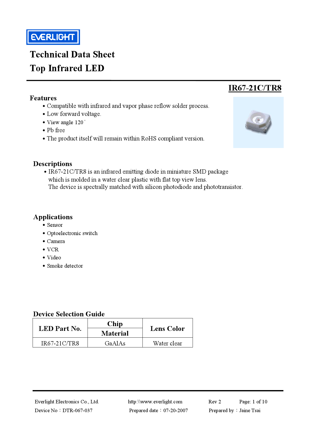 IR67-21C/TR8(GDB)_（EVERLIGHT(亿光)）IR67-21C/TR8(GDB)中文资料_价格_PDF手册-立创电子商城