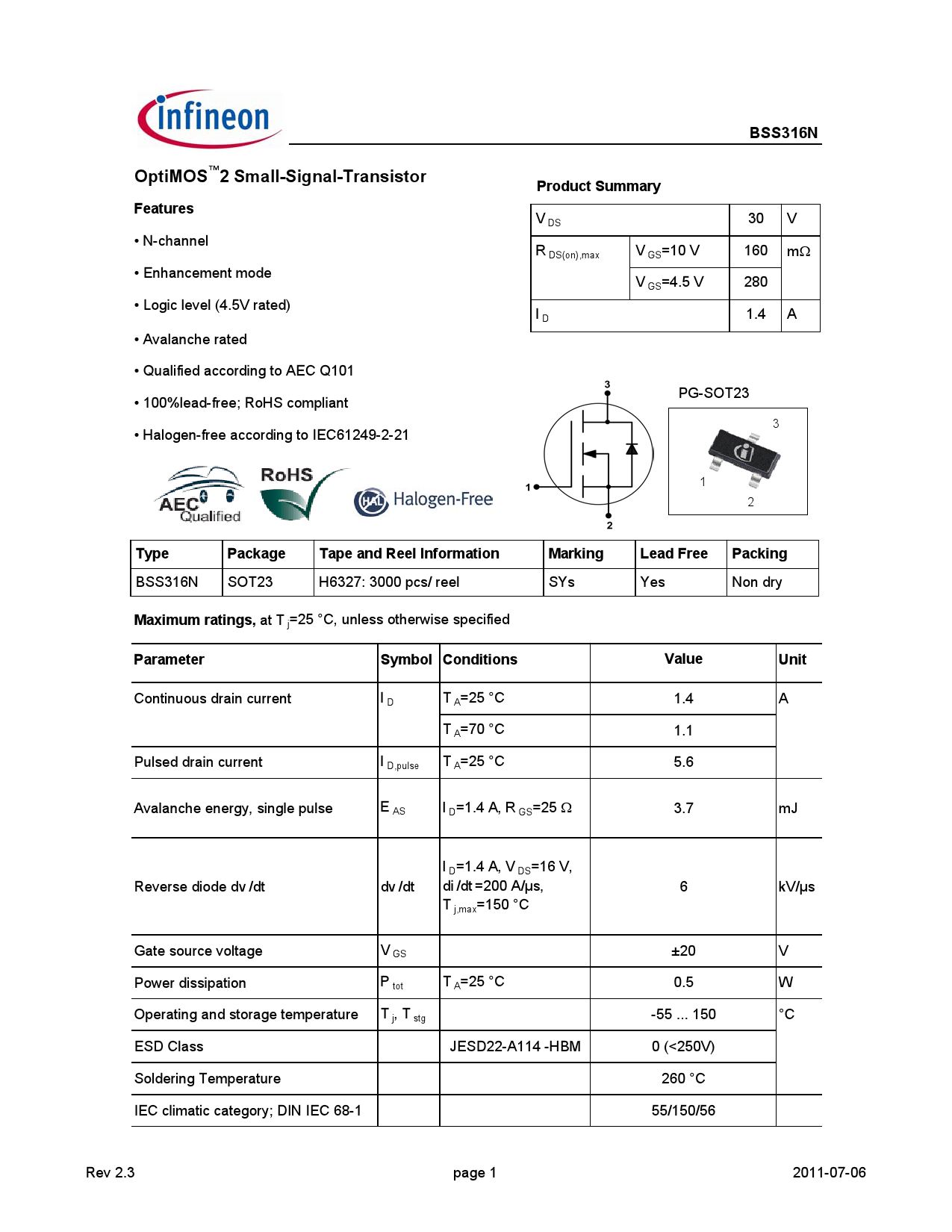 BSS316N H6327_（Infineon(英飞凌)）BSS316N H6327中文资料_价格_PDF手册-立创电子商城