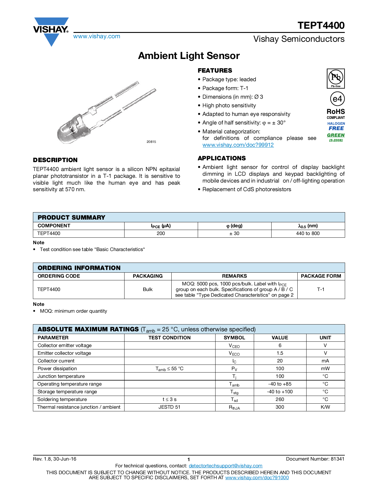 TEPT4400_（VISHAY(威世)）TEPT4400中文资料_价格_PDF手册-立创电子商城