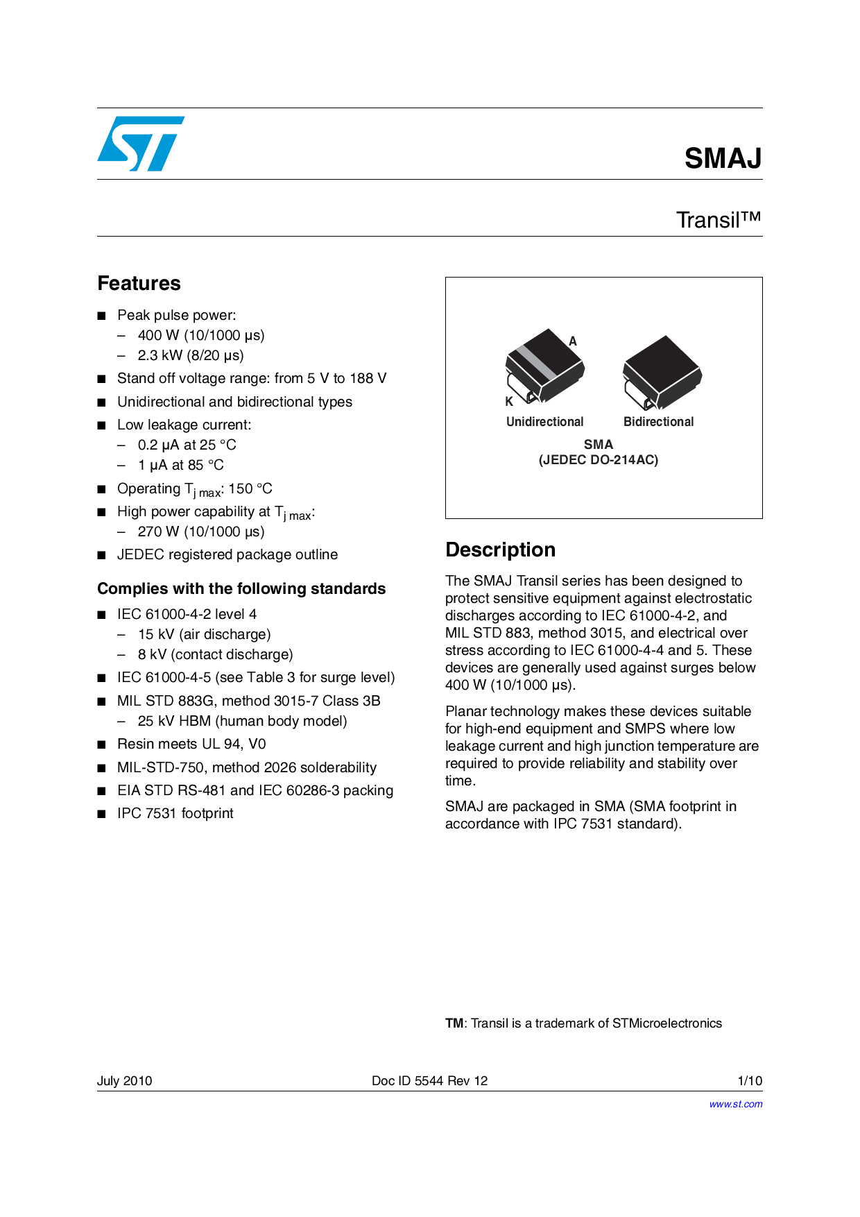 SMAJ40CA-TR_（ST(意法半导体)）SMAJ40CA-TR中文资料_价格_PDF手册-立创电子商城