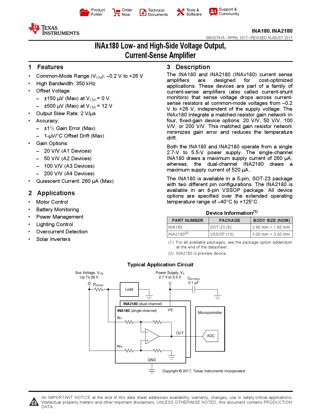 INA180A3IDBVR_（TI(德州仪器)）INA180A3IDBVR中文资料_价格_PDF手册-立创电子商城