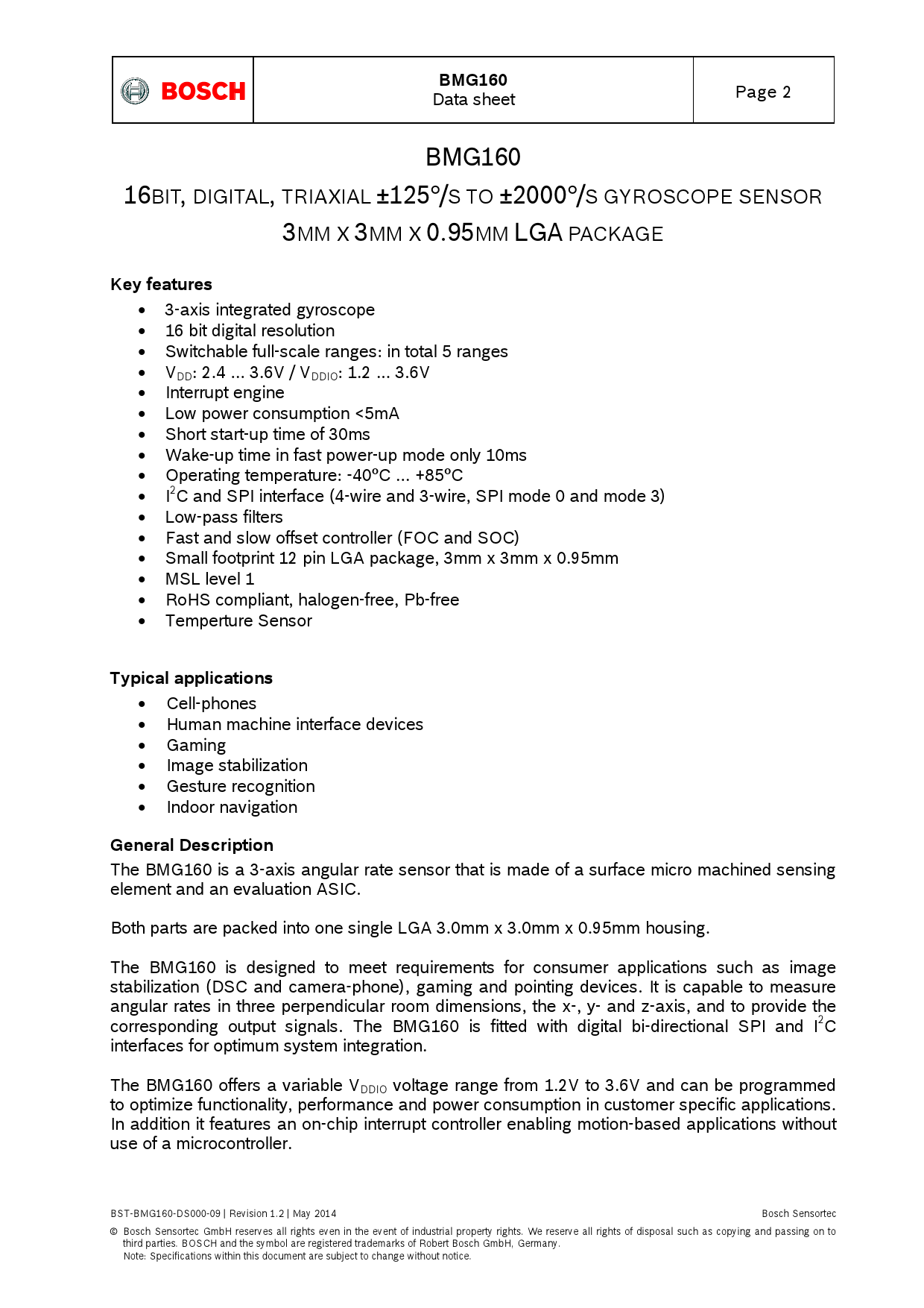 BMG160_（Bosch(博世)）BMG160中文资料_价格_PDF手册-立创电子商城