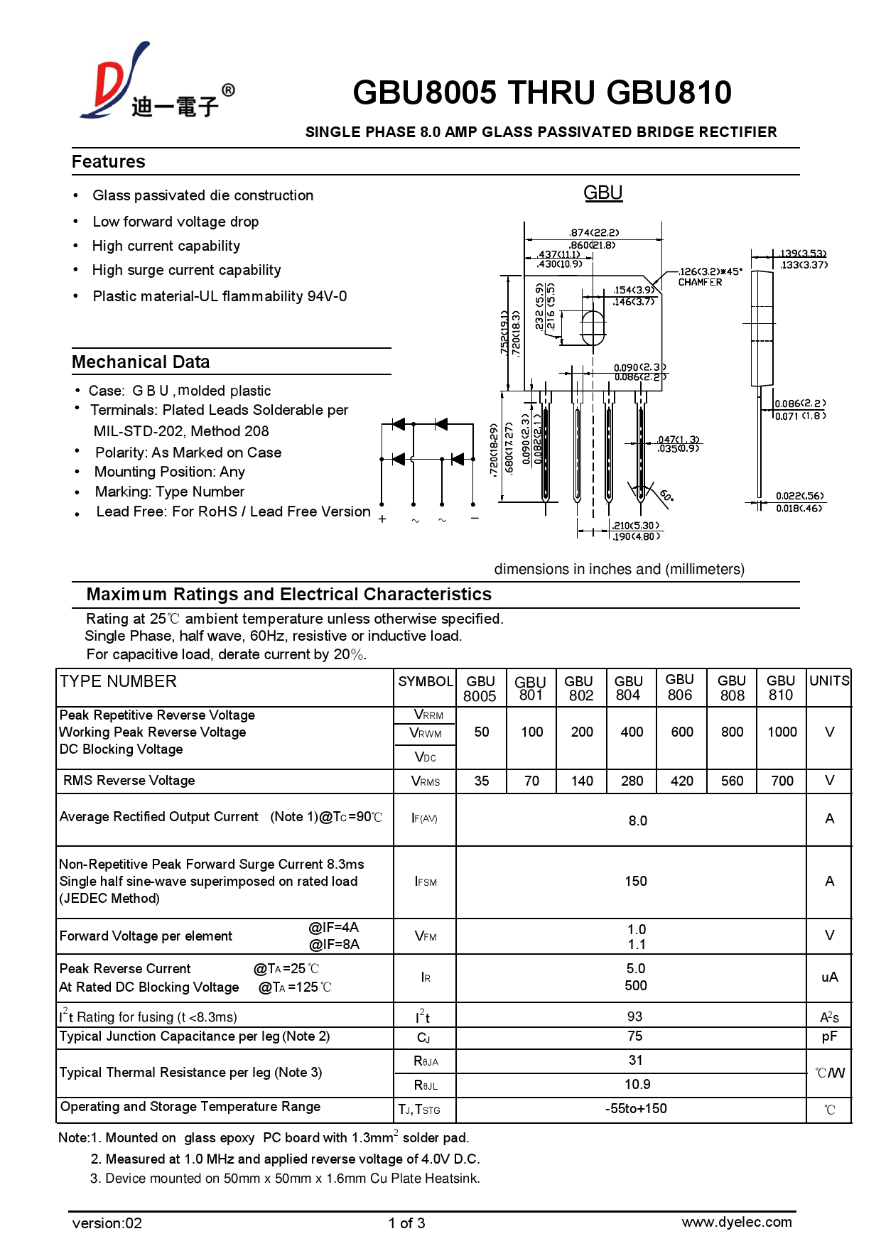 GBU810_（迪一）GBU810中文资料_价格_PDF手册-立创电子商城