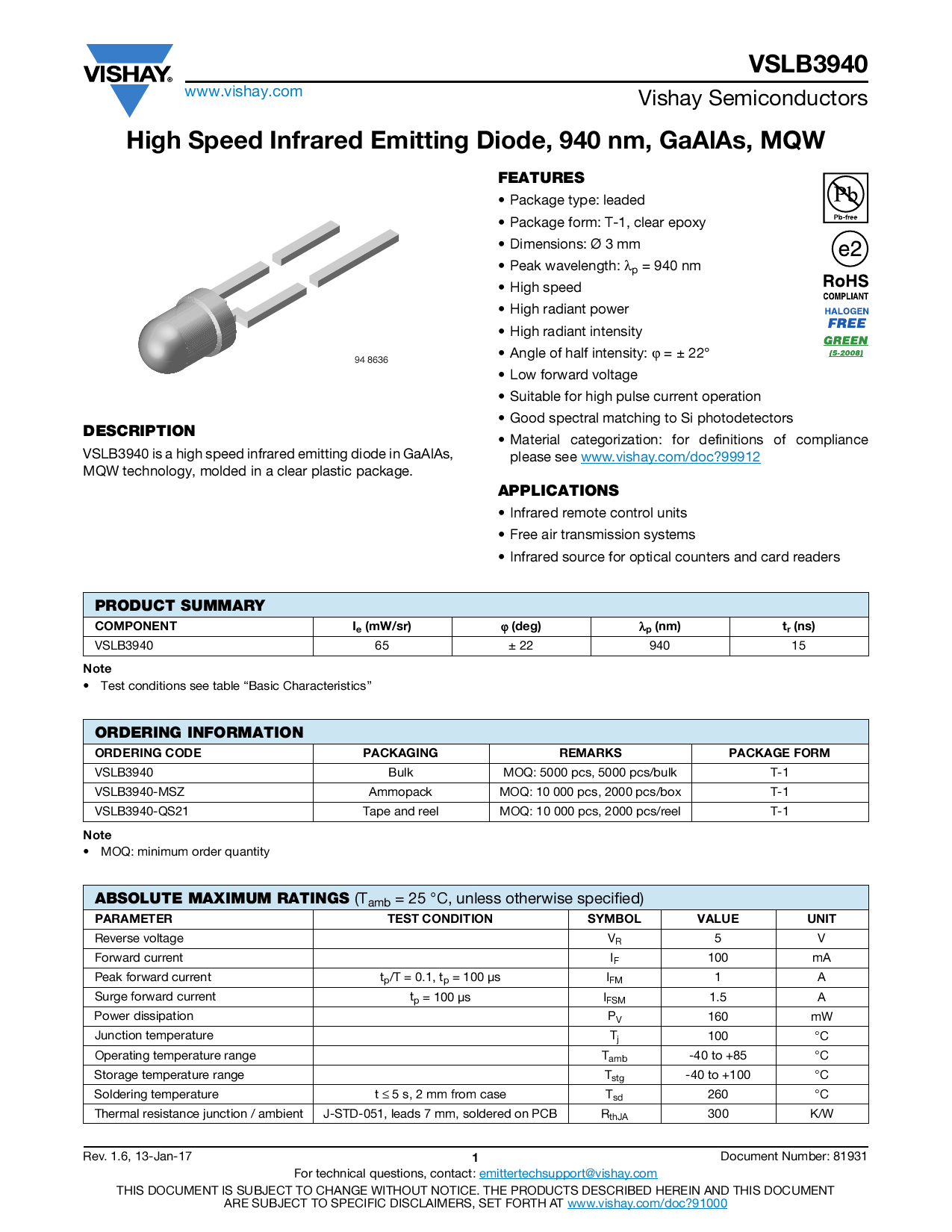 VSLB3940_（VISHAY(威世)）VSLB3940中文资料_价格_PDF手册-立创电子商城