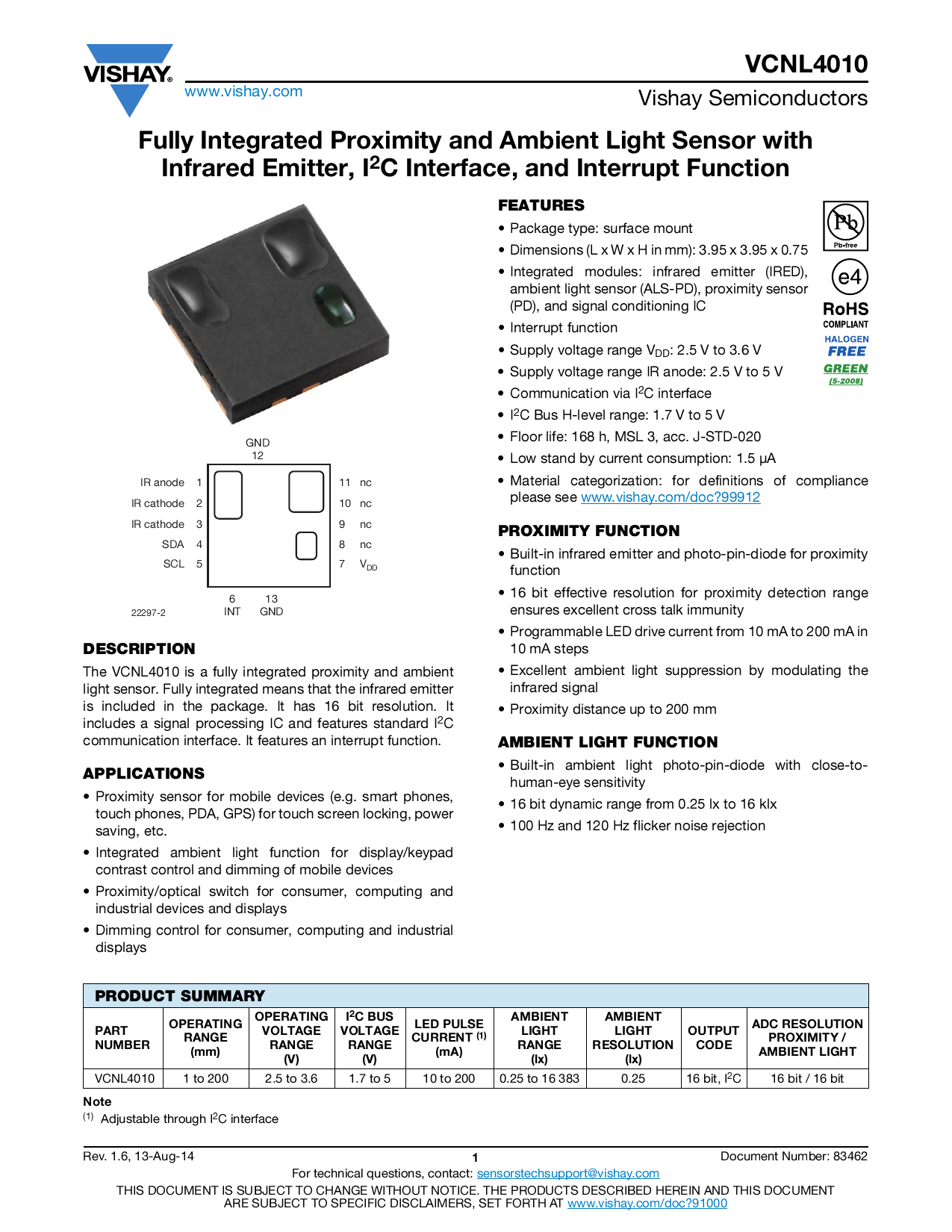 VCNL4010-GS08_（VISHAY(威世)）VCNL4010-GS08中文资料_价格_PDF手册-立创电子商城