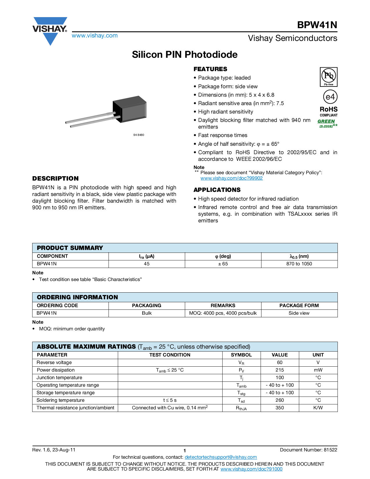 BPW41N_（VISHAY(威世)）BPW41N中文资料_价格_PDF手册-立创电子商城