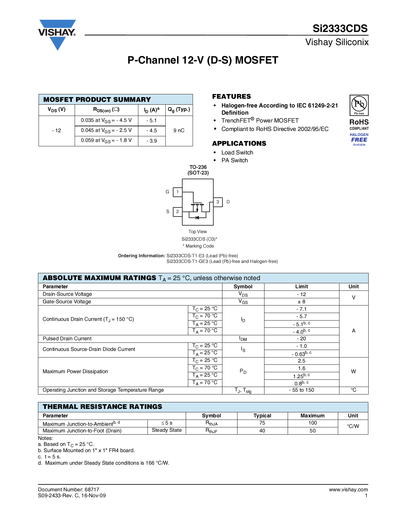 SI2333CDS-T1-E3_（VISHAY(威世)）SI2333CDS-T1-E3中文资料_价格_PDF手册-立创电子商城