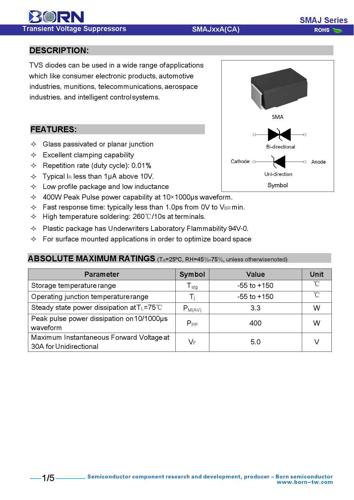 SMAJ20CA_（BORN(伯恩半导体)）SMAJ20CA中文资料_价格_PDF手册-立创电子商城