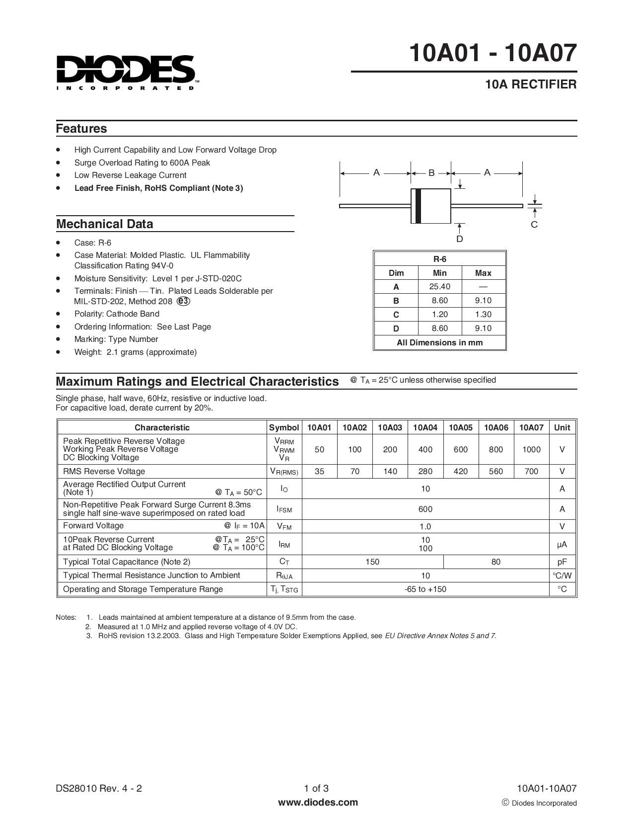 10A05-T_（DIODES(美台)）10A05-T中文资料_价格_PDF手册-立创电子商城