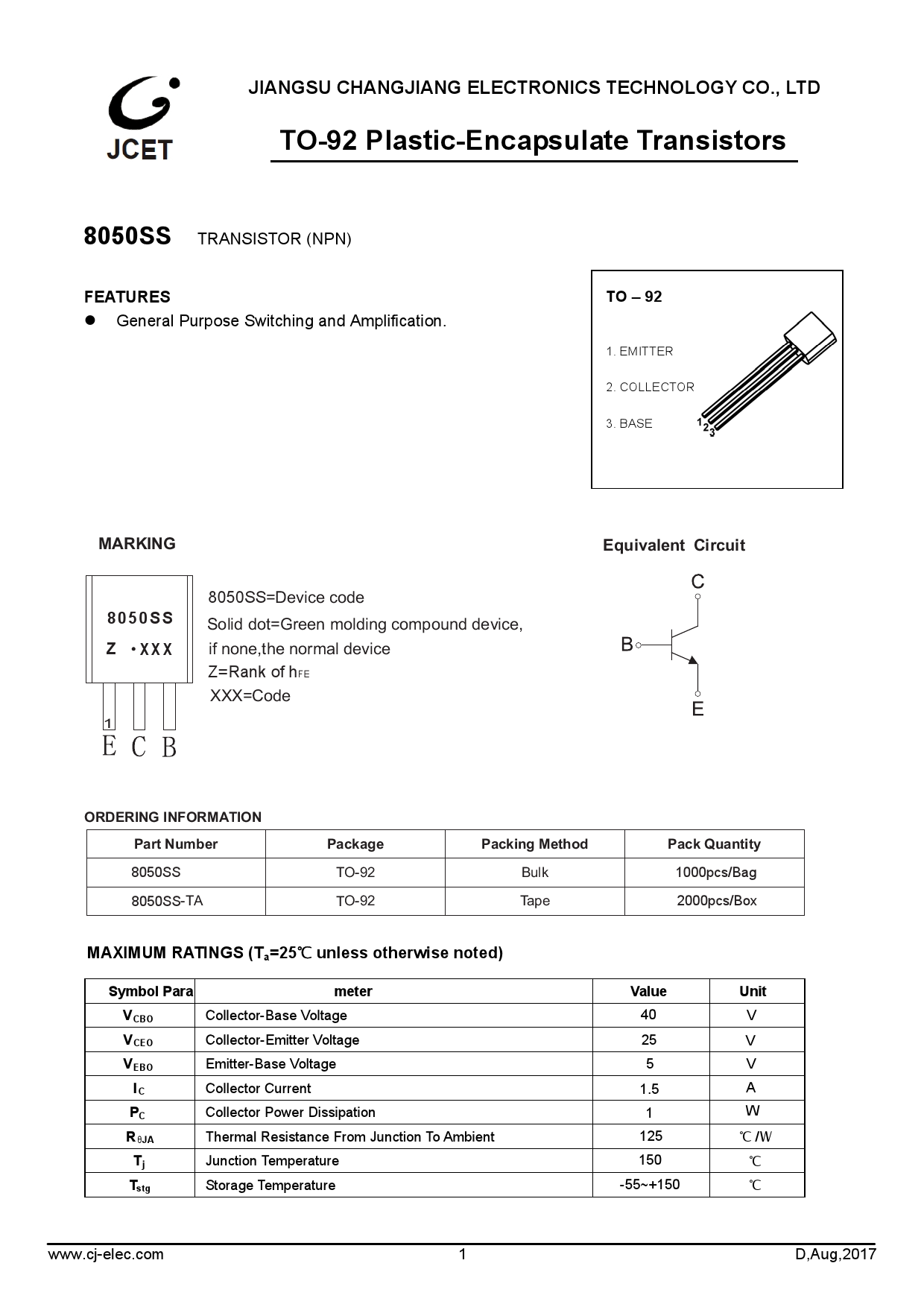 8050SS_（CJ(江苏长电/长晶)）8050SS中文资料_价格_PDF手册-立创电子商城