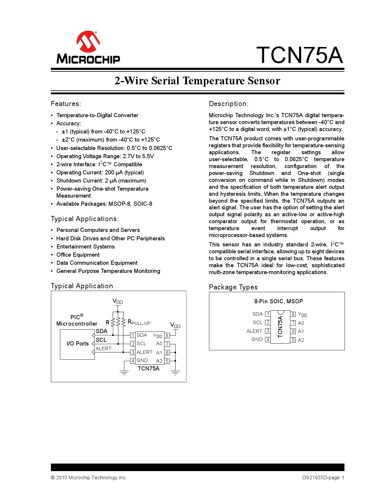 TCN75AVOA_（MICROCHIP(美国微芯)）TCN75AVOA中文资料_价格_PDF手册-立创电子商城