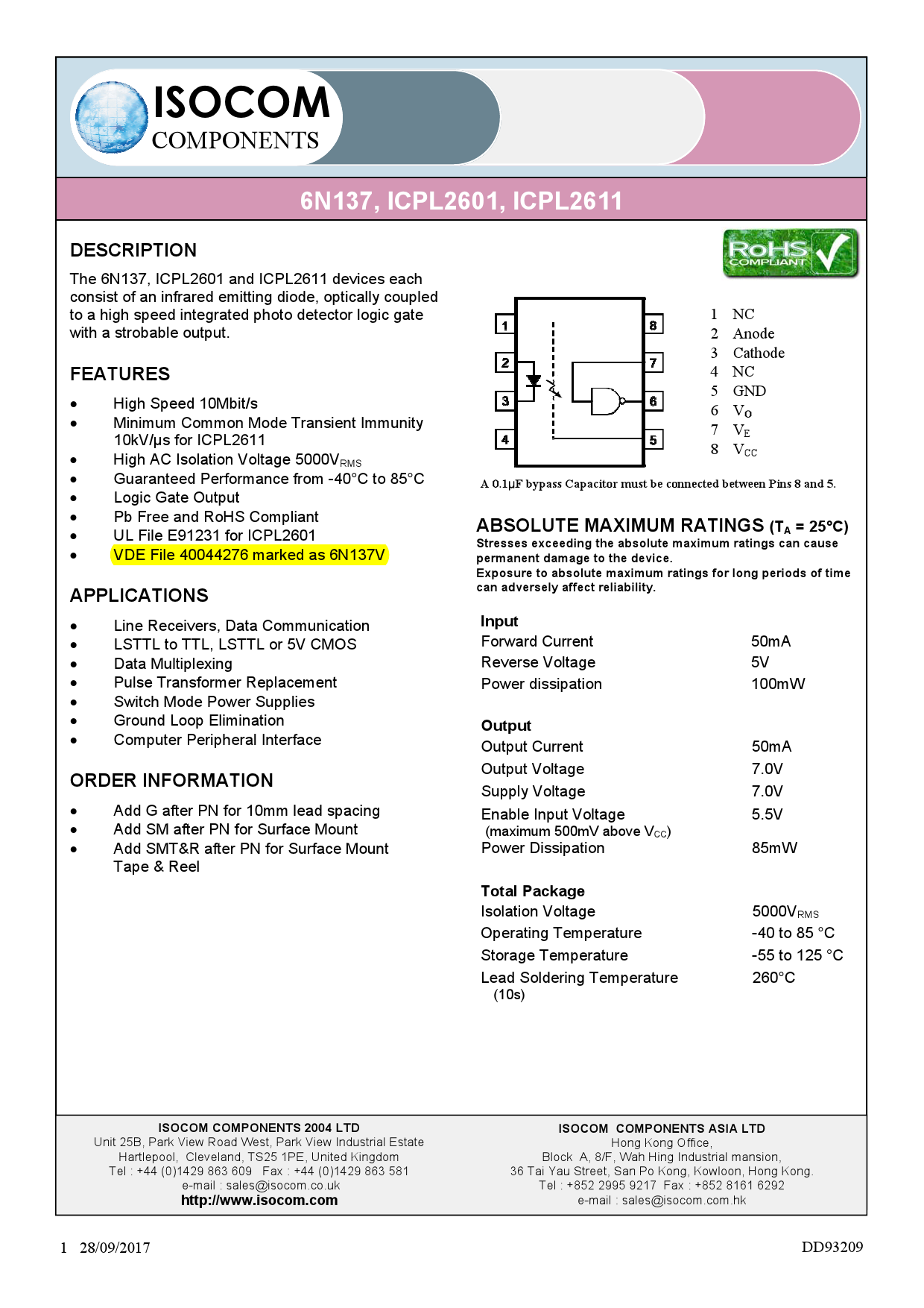 6N137_（ISOCOM(英国安数光)）6N137中文资料_价格_PDF手册-立创电子商城