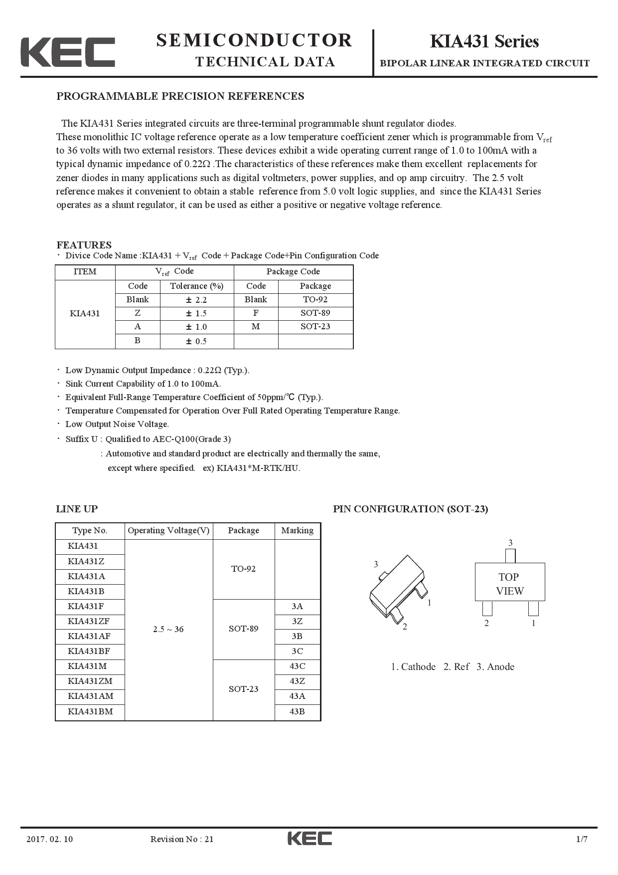 KIA431A-AT/PW_（KEC）KIA431A-AT/PW中文资料_价格_PDF手册-立创电子商城