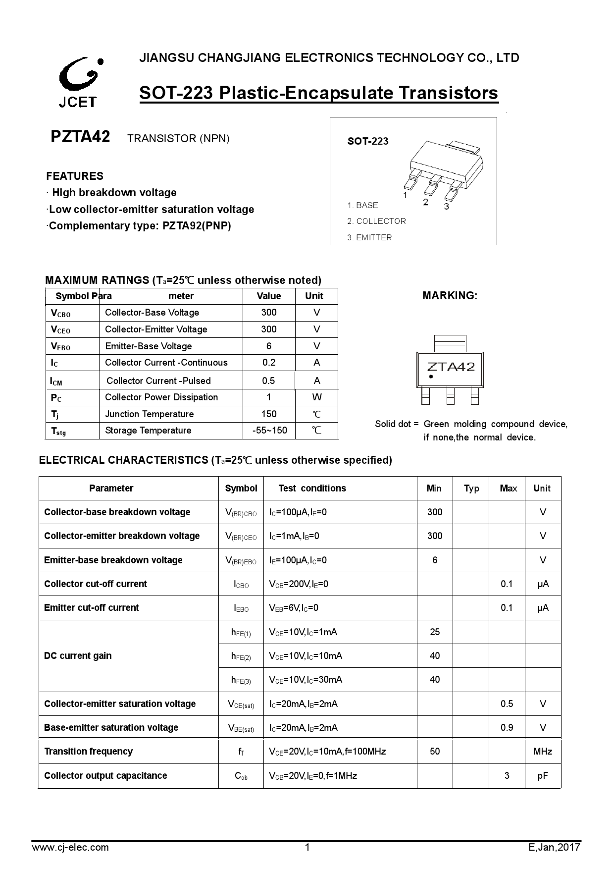 PZTA42_（CJ（江苏长电/长晶））PZTA42中文资料_价格_PDF手册-立创电子商城