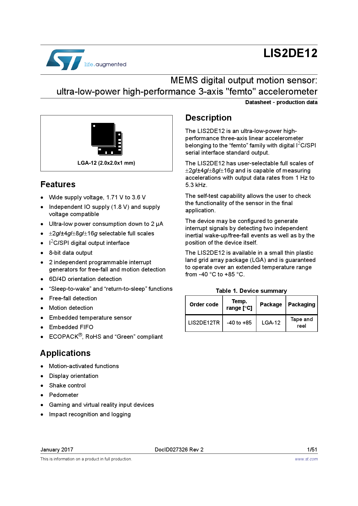 LIS2DE12TR_（ST(意法半导体)）LIS2DE12TR中文资料_价格_PDF手册-立创电子商城