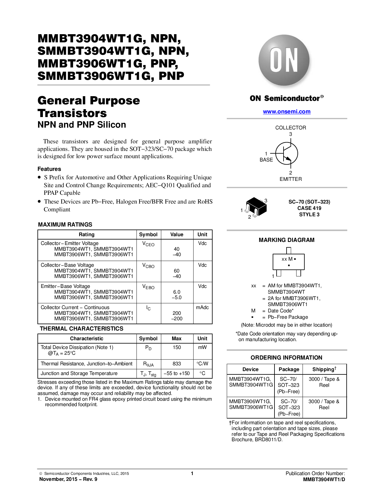 MMBT3906WT1G_（onsemi(安森美)）MMBT3906WT1G中文资料_价格_PDF手册-立创电子商城