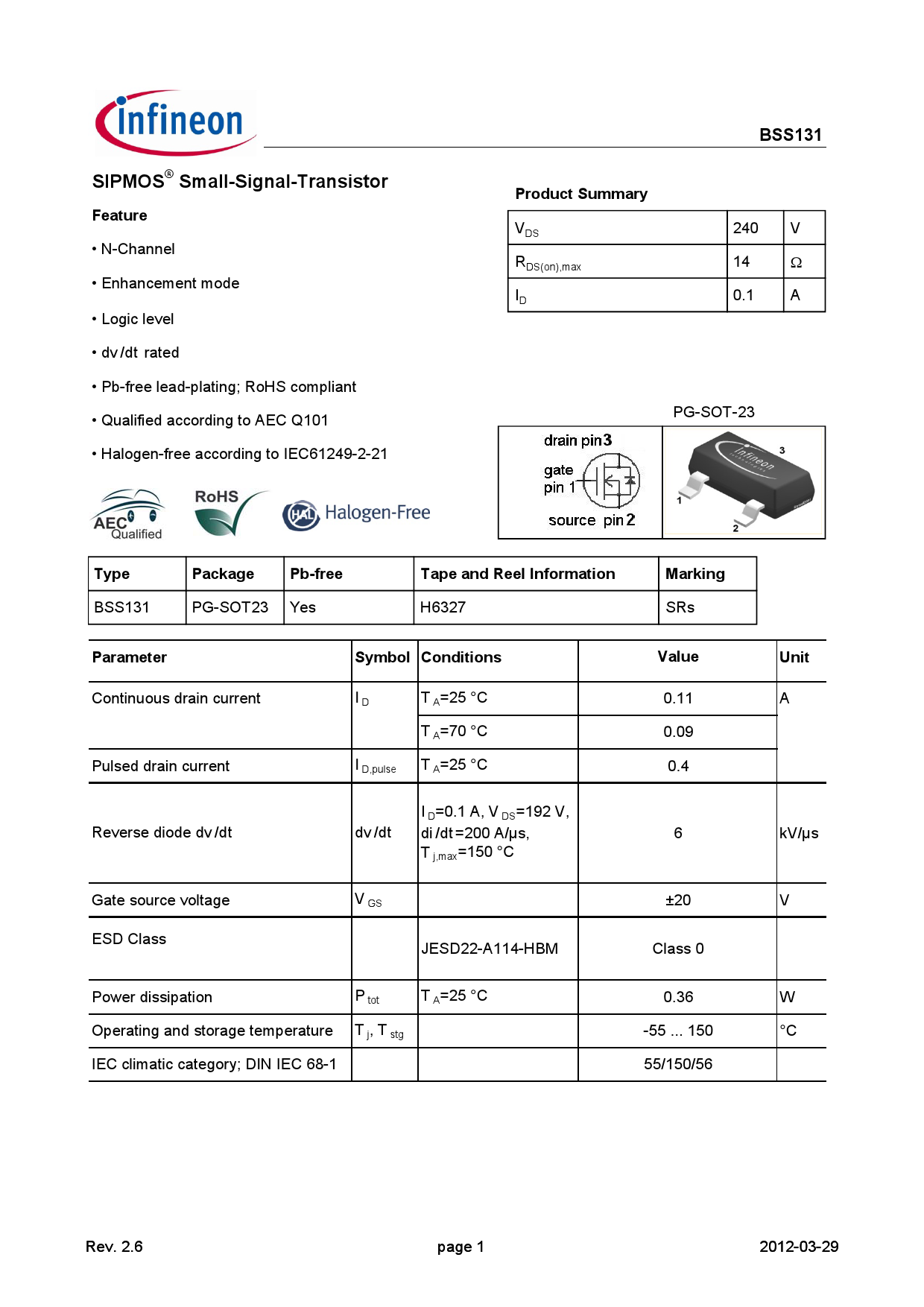 BSS131 H6327_（Infineon(英飞凌)）BSS131 H6327中文资料_价格_PDF手册-立创电子商城