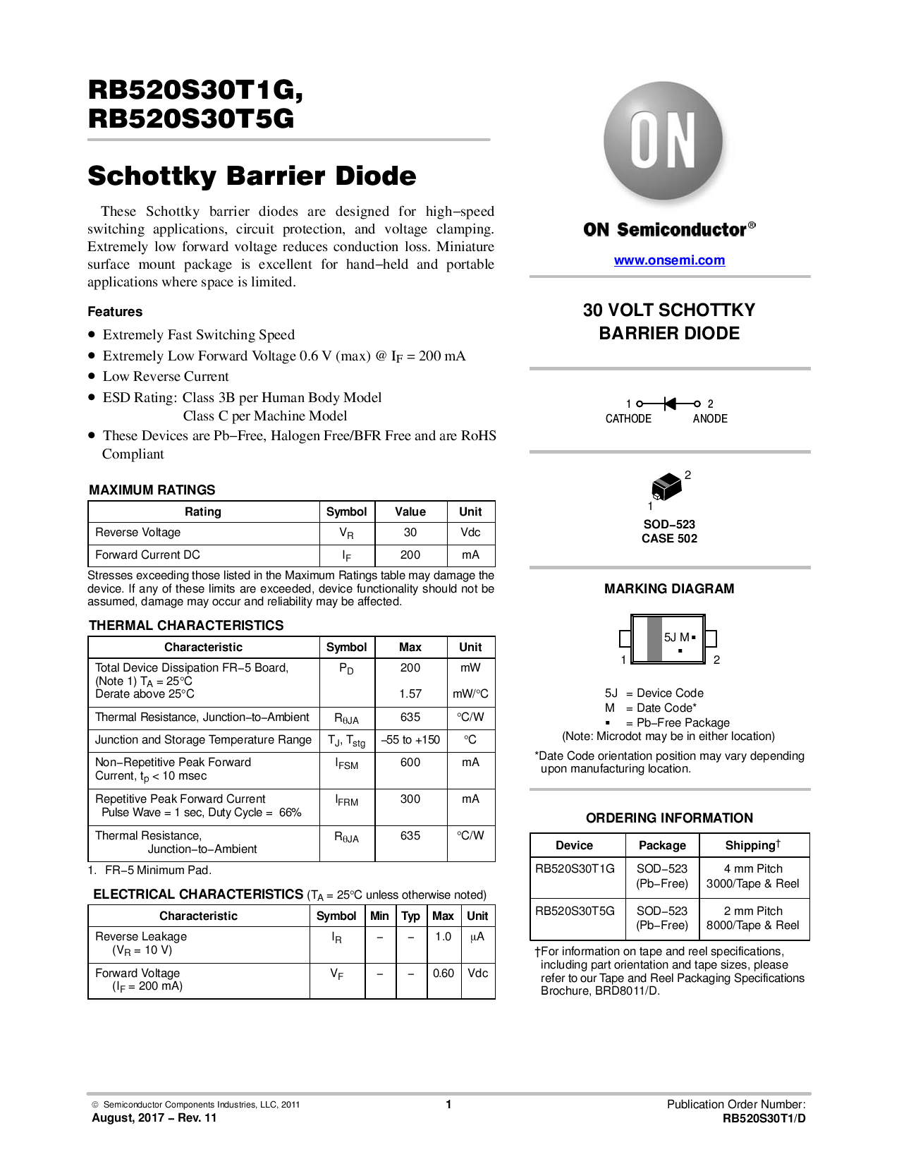 RB520S30T1G_（onsemi(安森美)）RB520S30T1G中文资料_价格_PDF手册-立创电子商城