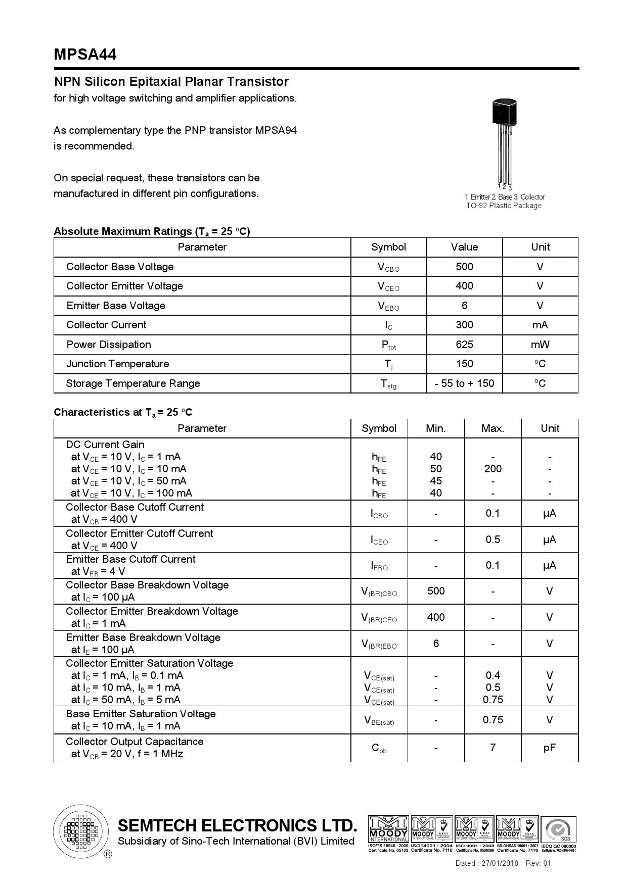 MPSA44_（ST(先科)）MPSA44中文资料_价格_PDF手册-立创电子商城