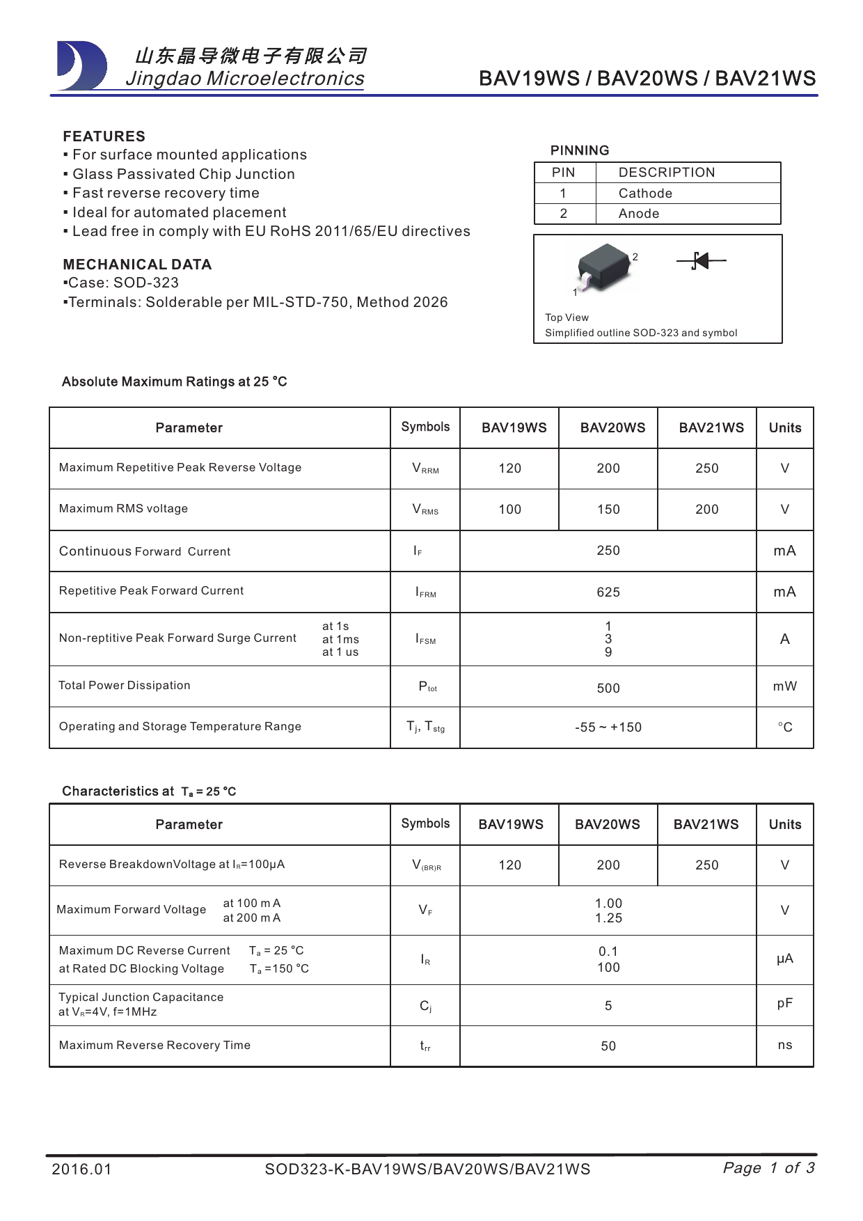 BAV21WS_（晶导微电子）BAV21WS中文资料_价格_PDF手册-立创电子商城