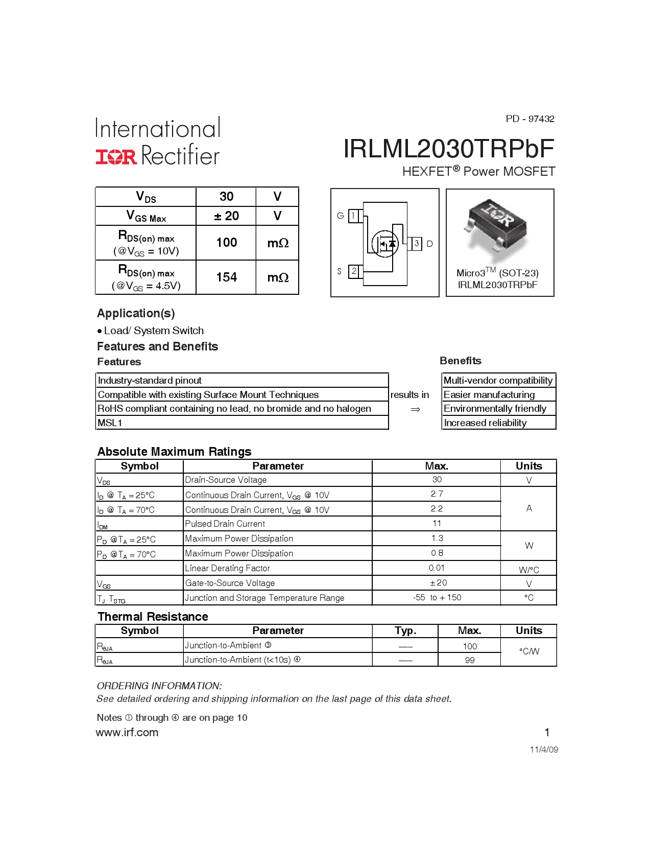 IRLML2030TRPBF_（Infineon(英飞凌)）IRLML2030TRPBF中文资料_价格_PDF手册-立创电子商城