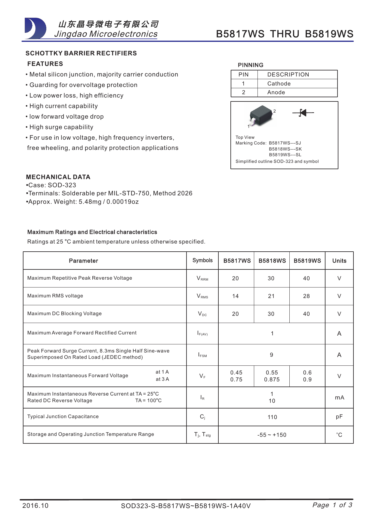 B5819WS_（晶导微电子）B5819WS中文资料_价格_PDF手册-立创电子商城