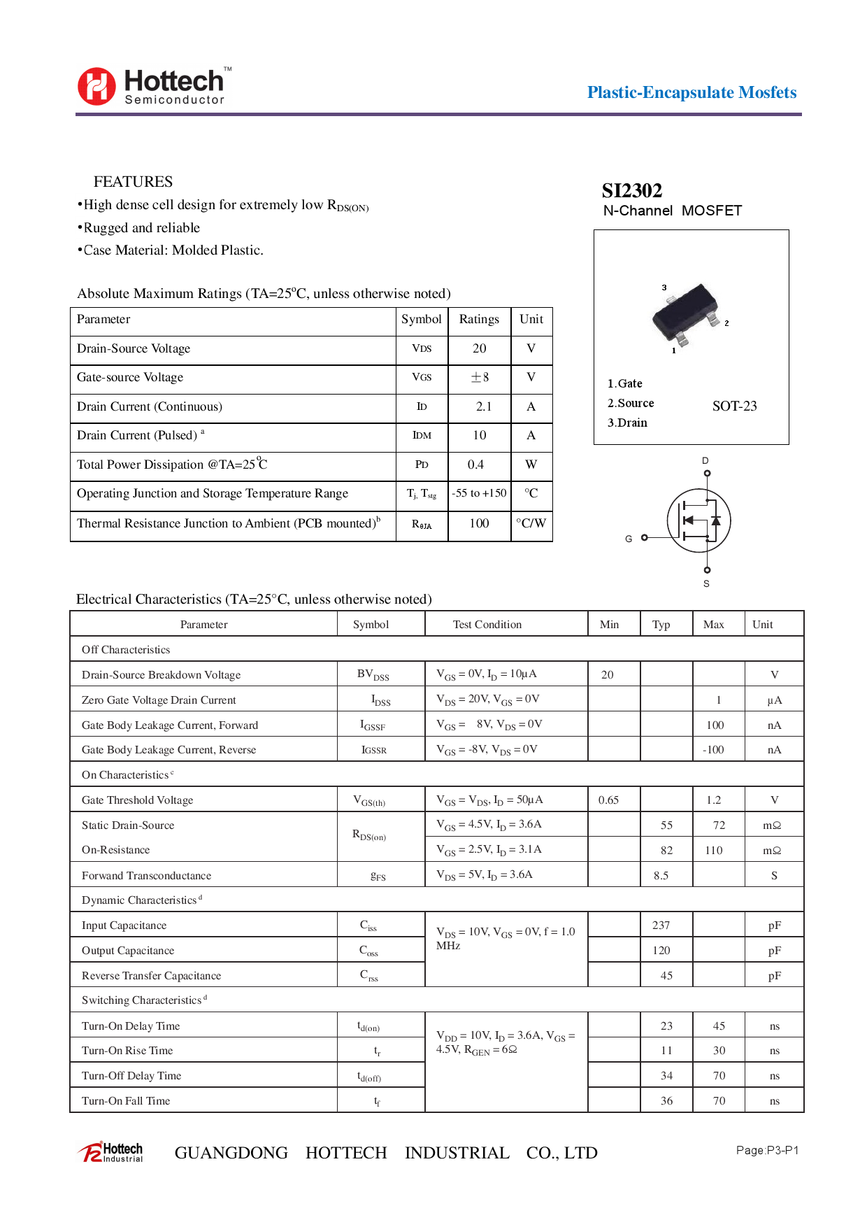 SI2302_（Hottech(合科泰)）SI2302中文资料_价格_PDF手册-立创电子商城