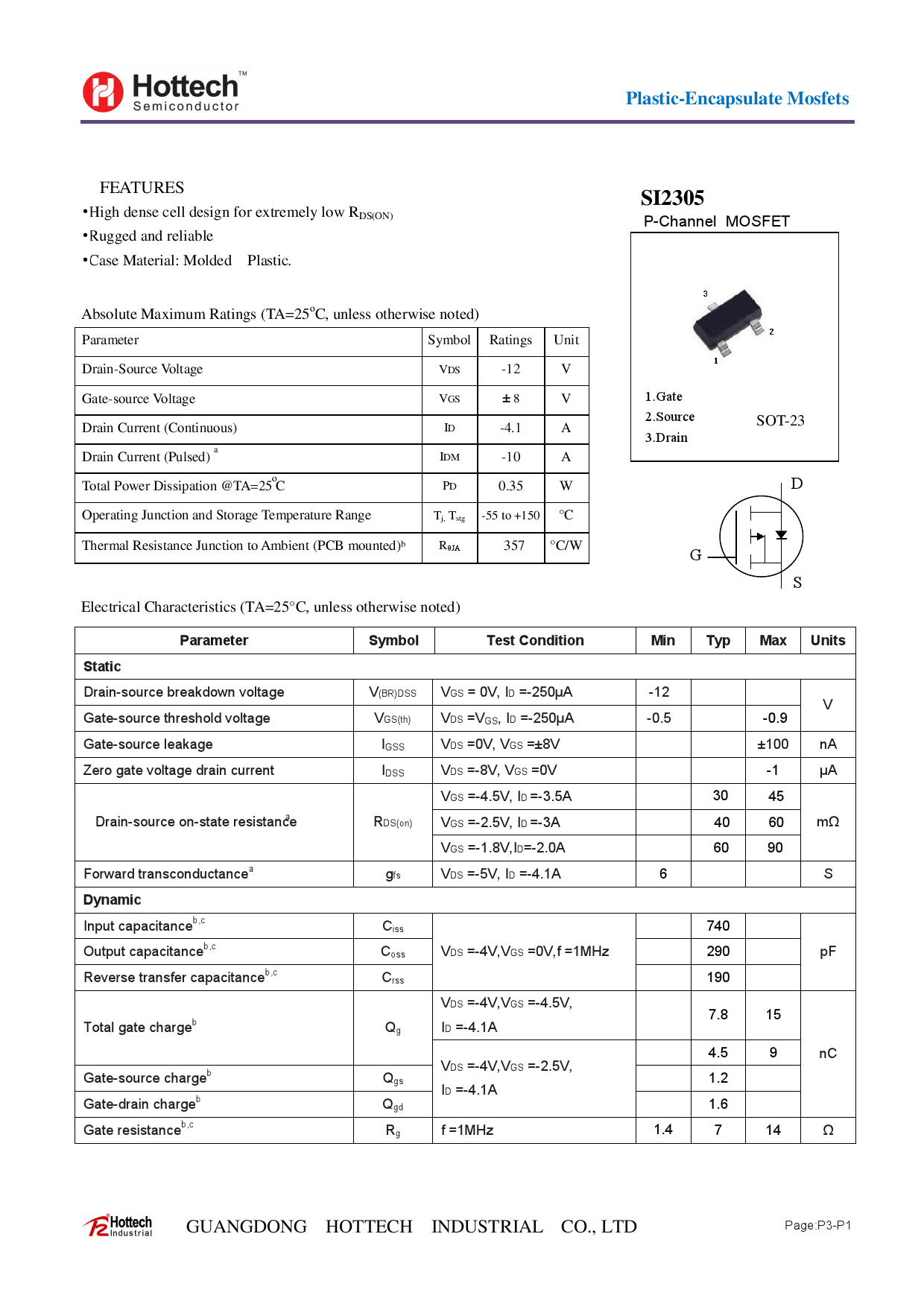 SI2305_（Hottech(合科泰)）SI2305中文资料_价格_PDF手册-立创电子商城