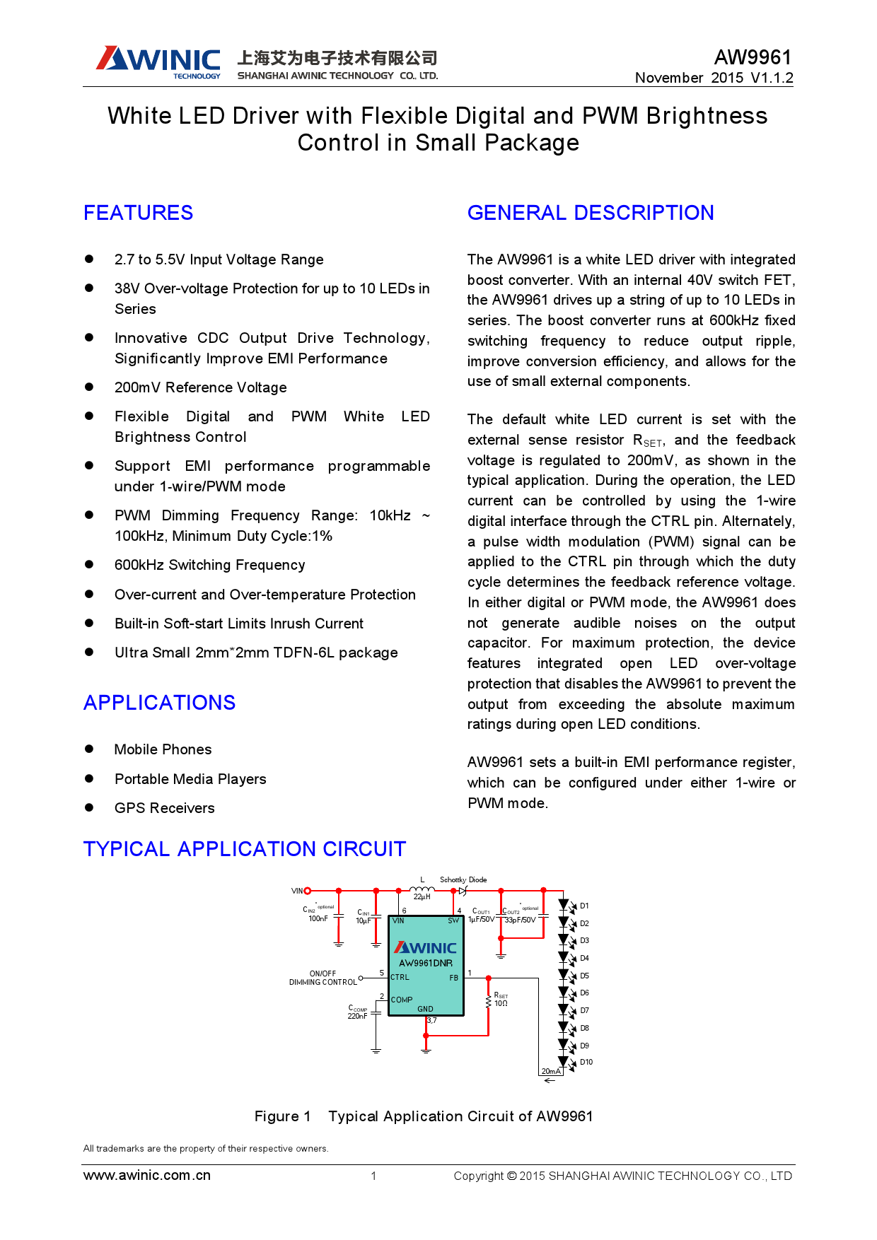 AW9961DNR_（AWINIC(艾为)）AW9961DNR中文资料_价格_PDF手册-立创电子商城