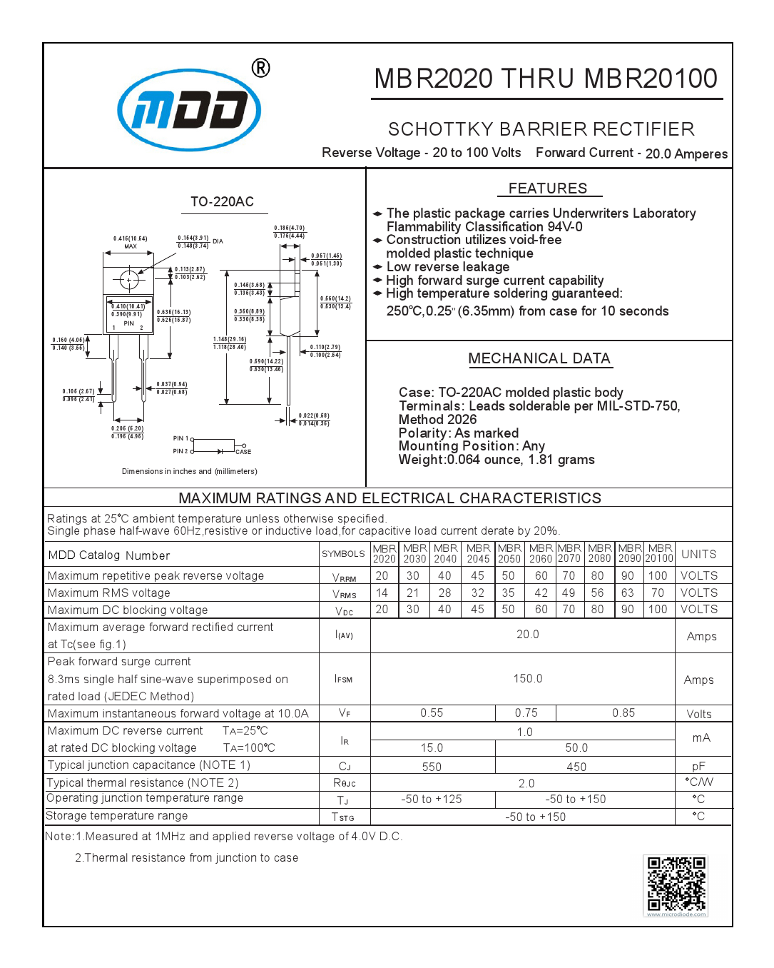 MBR2045CT_（MDD）MBR2045CT中文资料_价格_PDF手册-立创电子商城