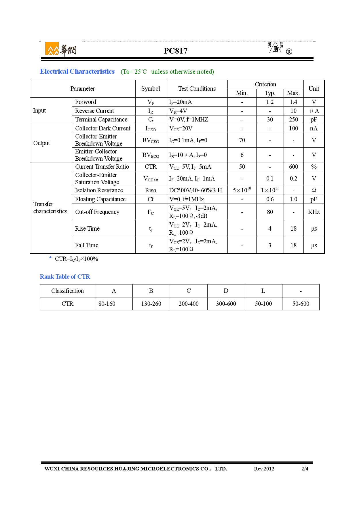 PC817C_（华润华晶）PC817C中文资料_价格_PDF手册-立创电子商城