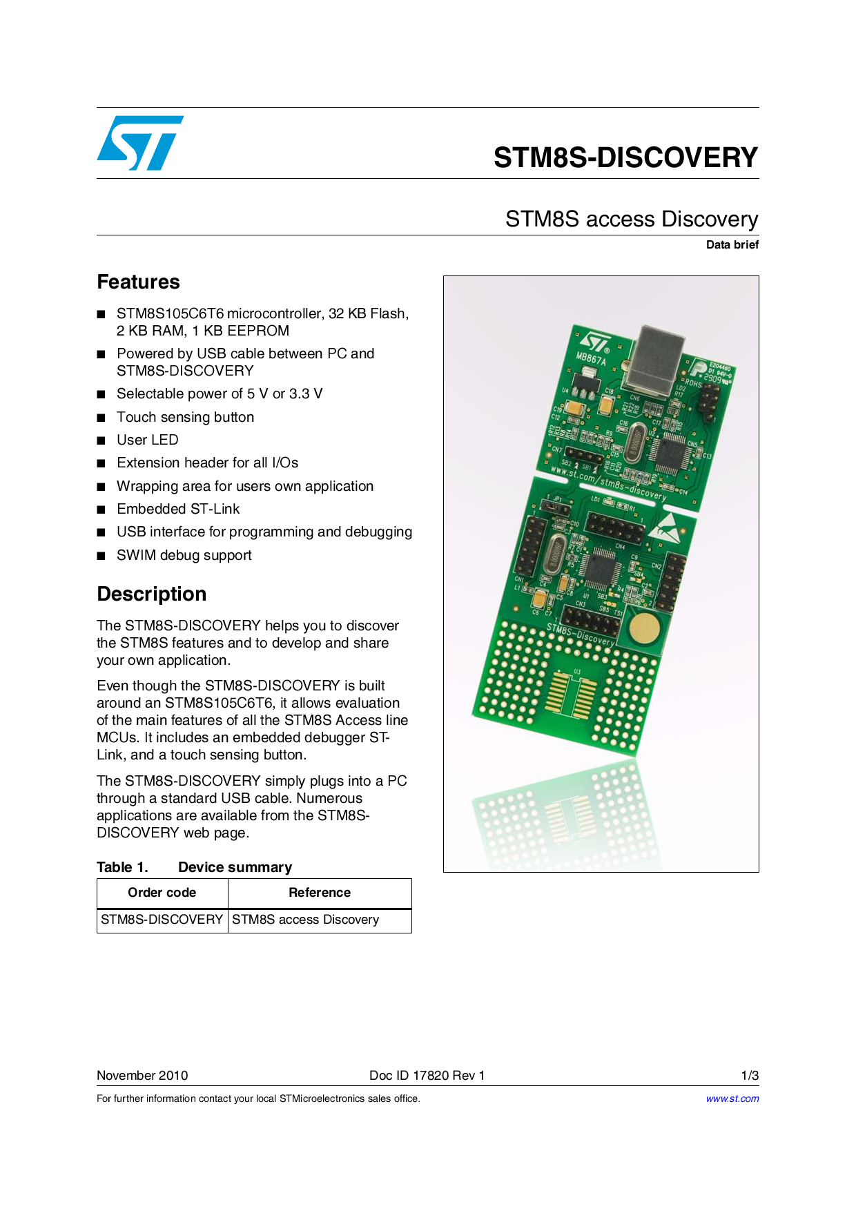 STM8S-DISCOVERY_（ST(意法半导体)）STM8S-DISCOVERY中文资料_价格_PDF手册-立创电子商城
