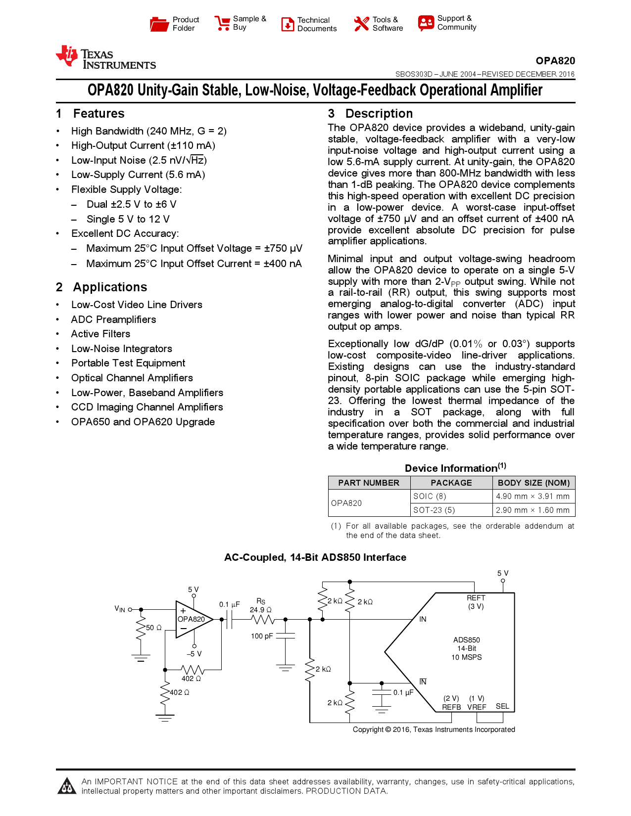 OPA820IDBVR_（TI(德州仪器)）OPA820IDBVR中文资料_价格_PDF手册-立创电子商城